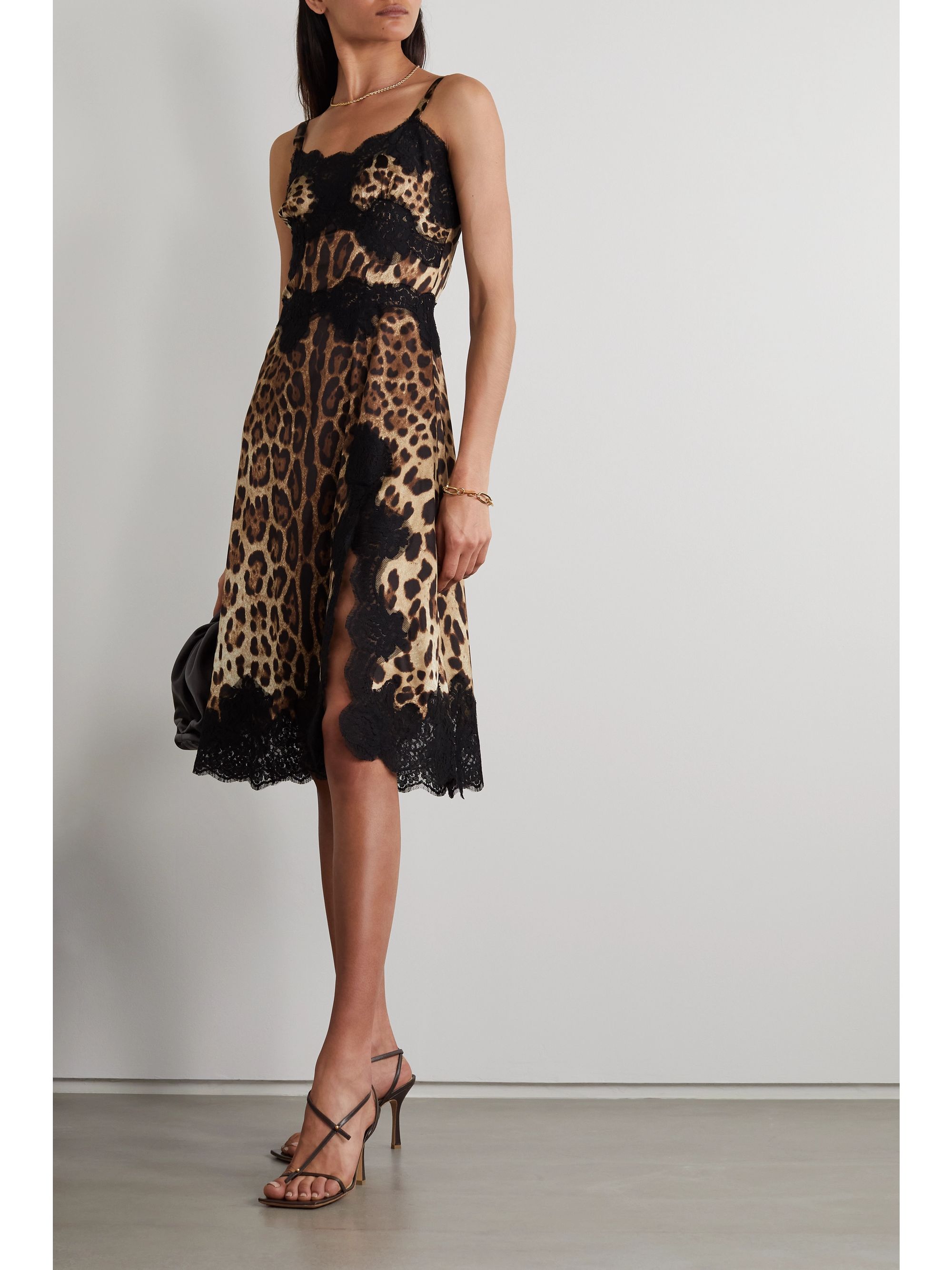 Brown Lace Trimmed Leopard Print Silk Blend Satin Midi Dress Dolce