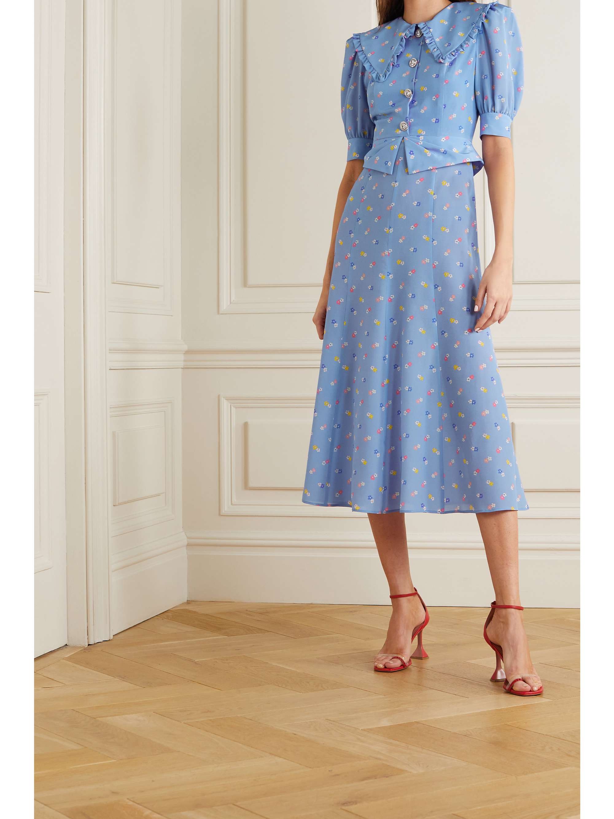 Alessandra Rich Floral Print Silk Crepe De Chine Midi Dress Net A Porter