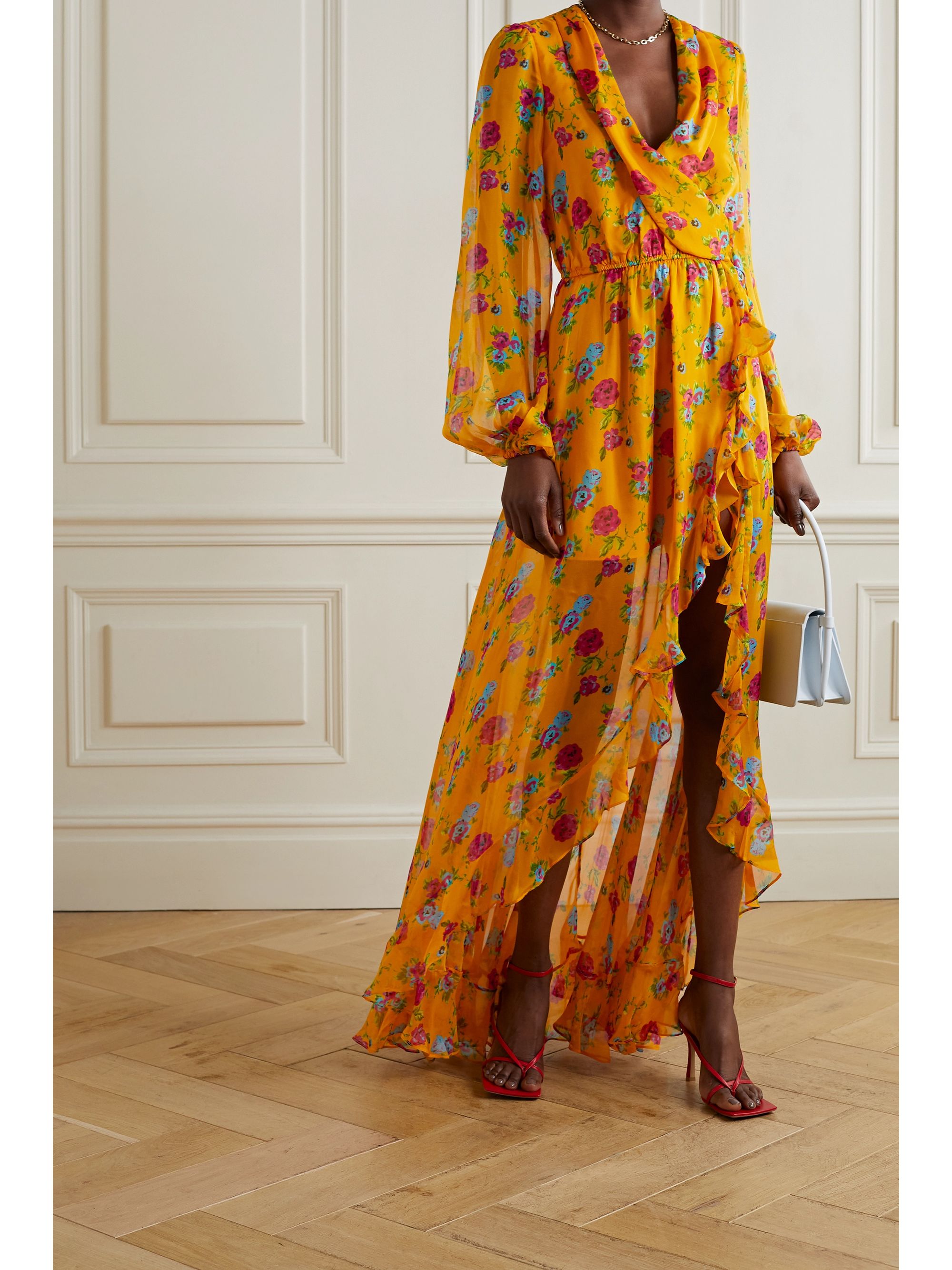 Orange Vivian asymmetric floral-print silk-chiffon gown | CAROLINE ...