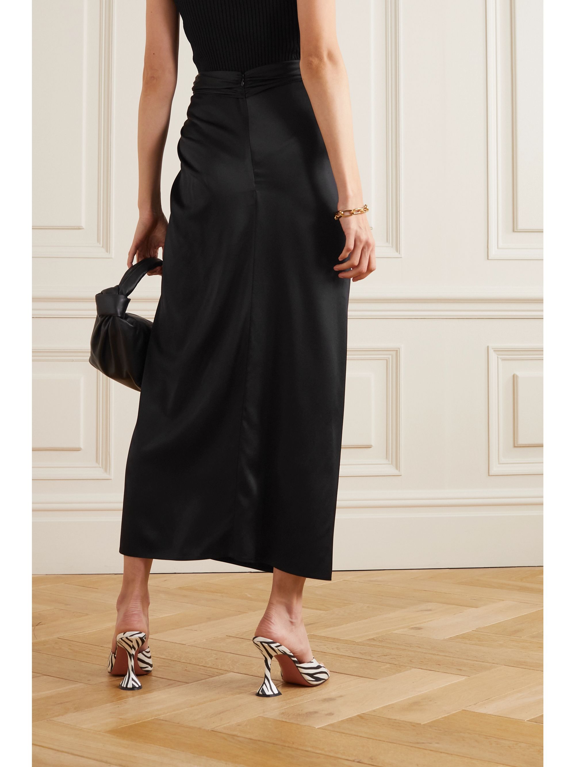 Black Gathered stretch-silk satin midi skirt | MAGDA BUTRYM | NET-A-PORTER