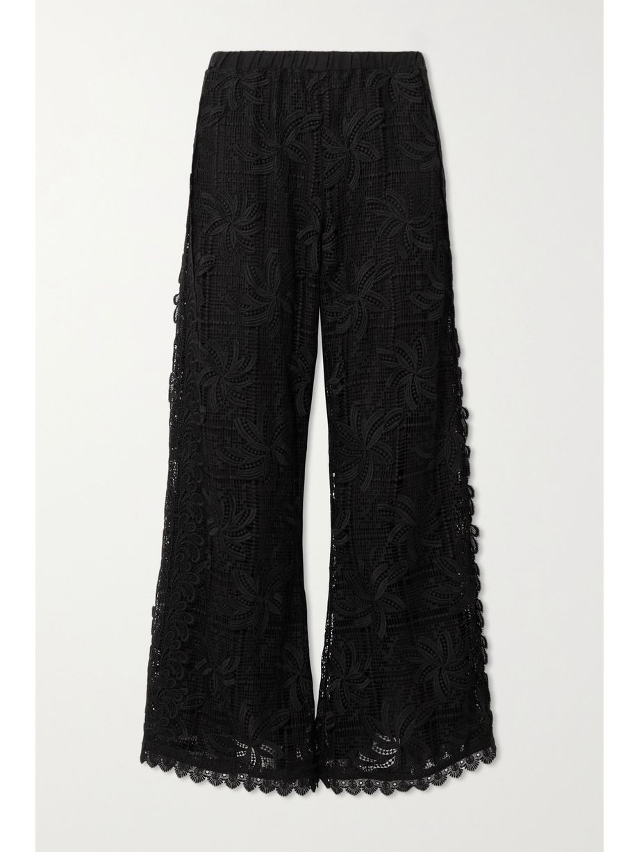 Black + NET SUSTAIN Coquillage guipure lace and cotton wide-leg pants ...