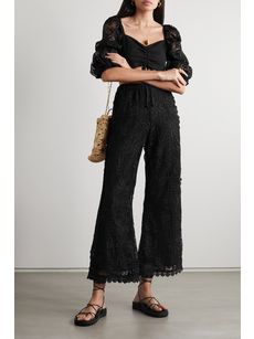 Black + NET SUSTAIN Coquillage guipure lace and cotton wide-leg pants ...