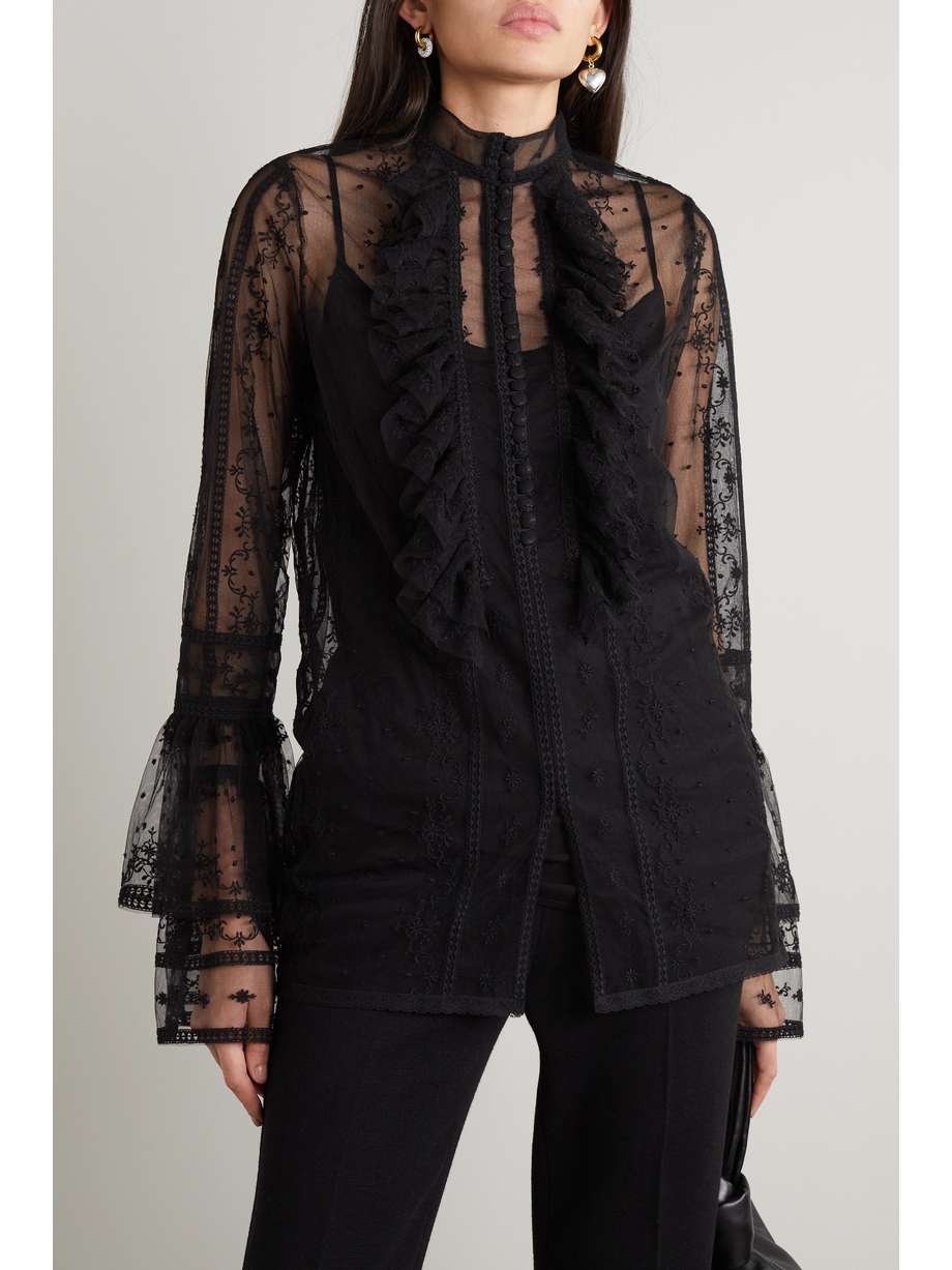 Black Ruffled embroidered tulle blouse | COSTARELLOS | NET-A-PORTER