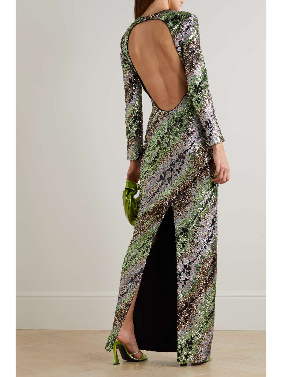 HALPERN Open-back striped sequined tulle maxi dress | NET-A-PORTER