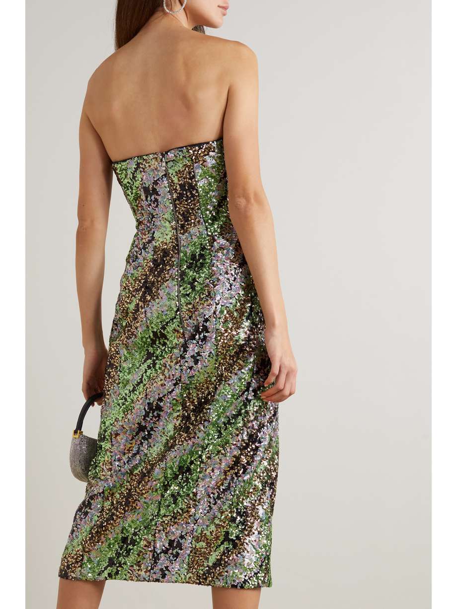HALPERN Strapless striped sequined tulle midi dress | NET-A-PORTER