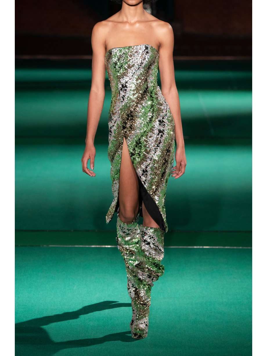 HALPERN Strapless striped sequined tulle midi dress | NET-A-PORTER