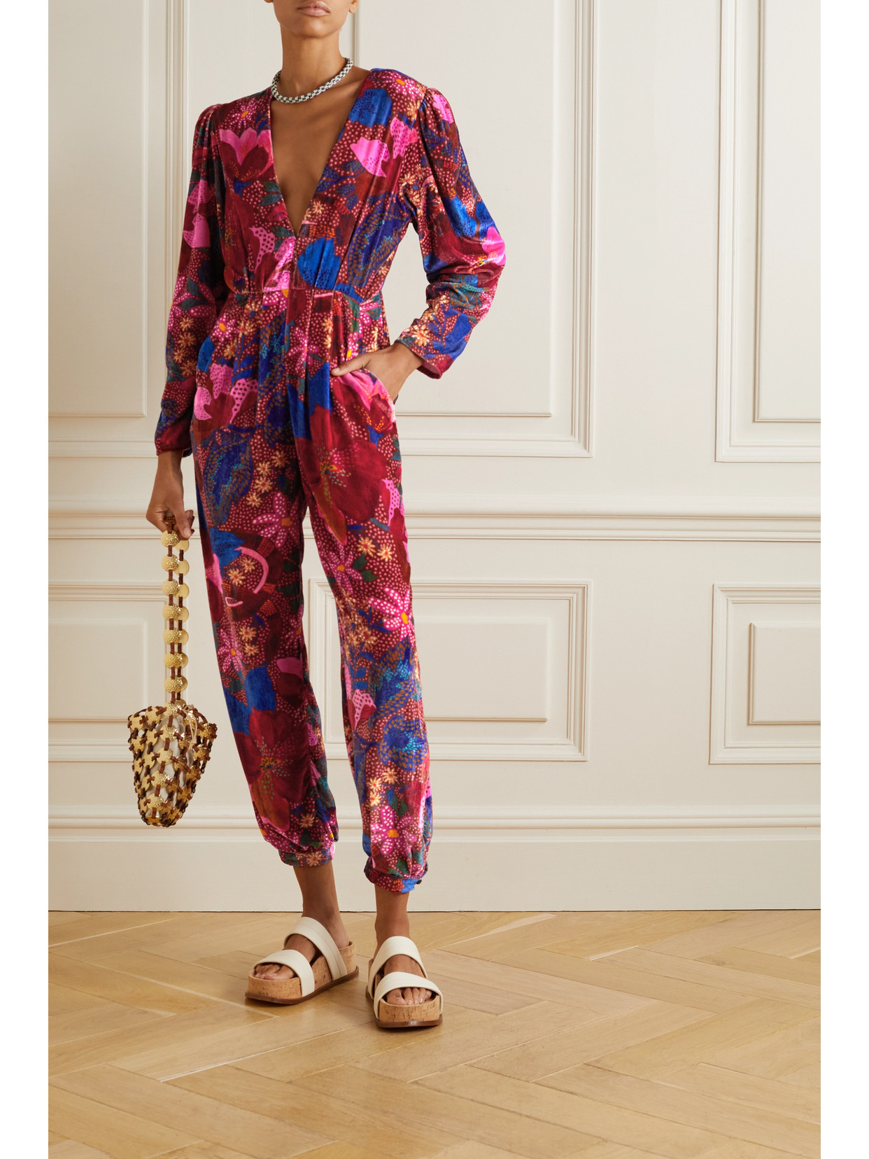 Farm Rio Floral-print Velvet Jumpsuit In Snake Garden Red | ModeSens