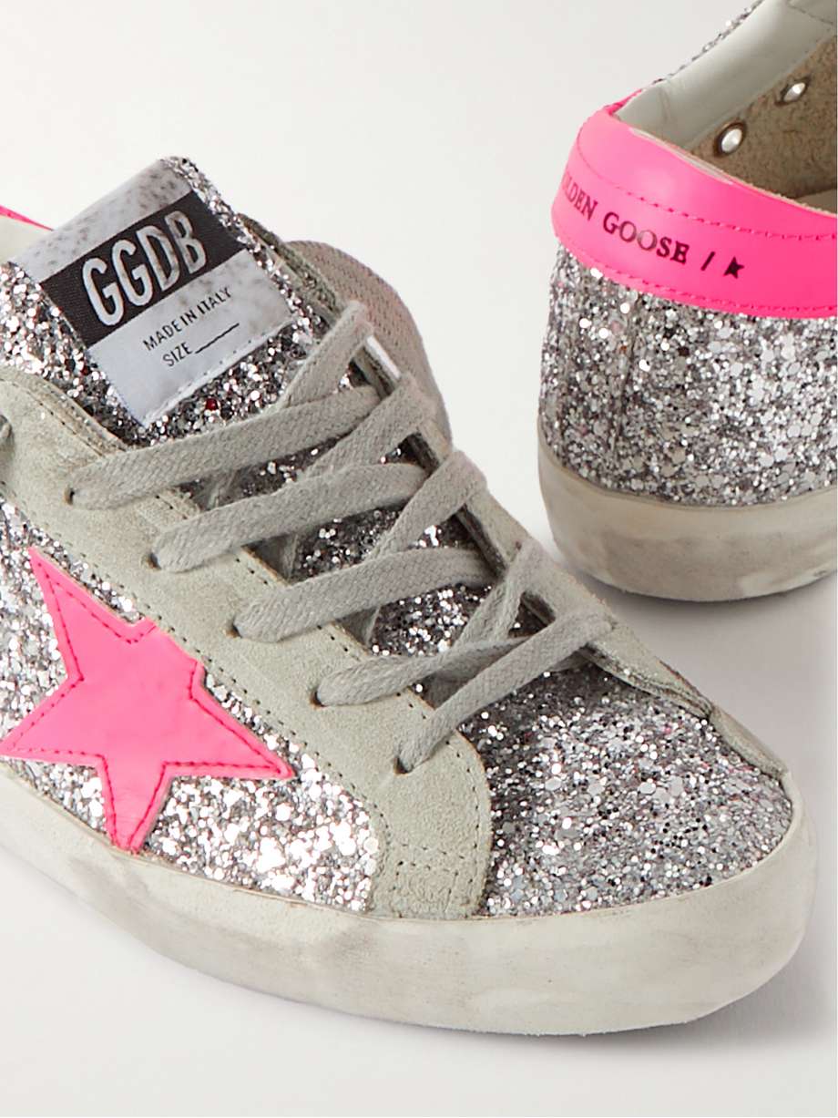 GOLDEN GOOSE Superstar glittered distressed leather and suede sneakers ...