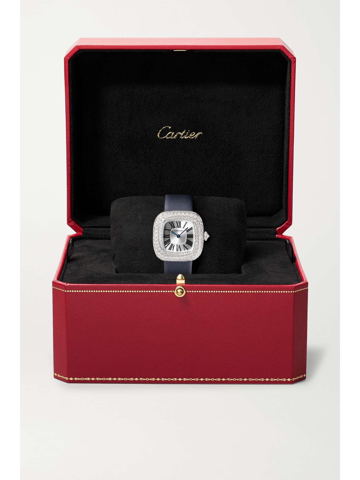 CARTIER Coussin de Cartier small 27mm 18-karat white gold, leather and ...