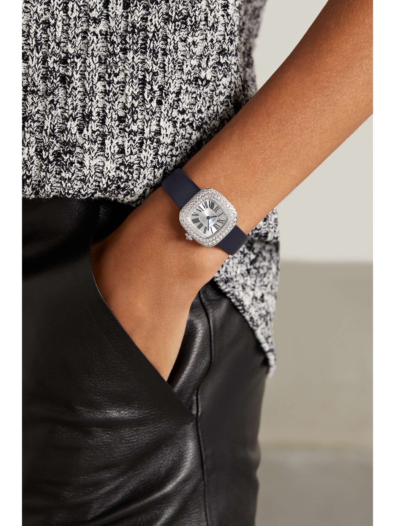 CARTIER Coussin de Cartier small 27mm 18-karat white gold, leather and ...