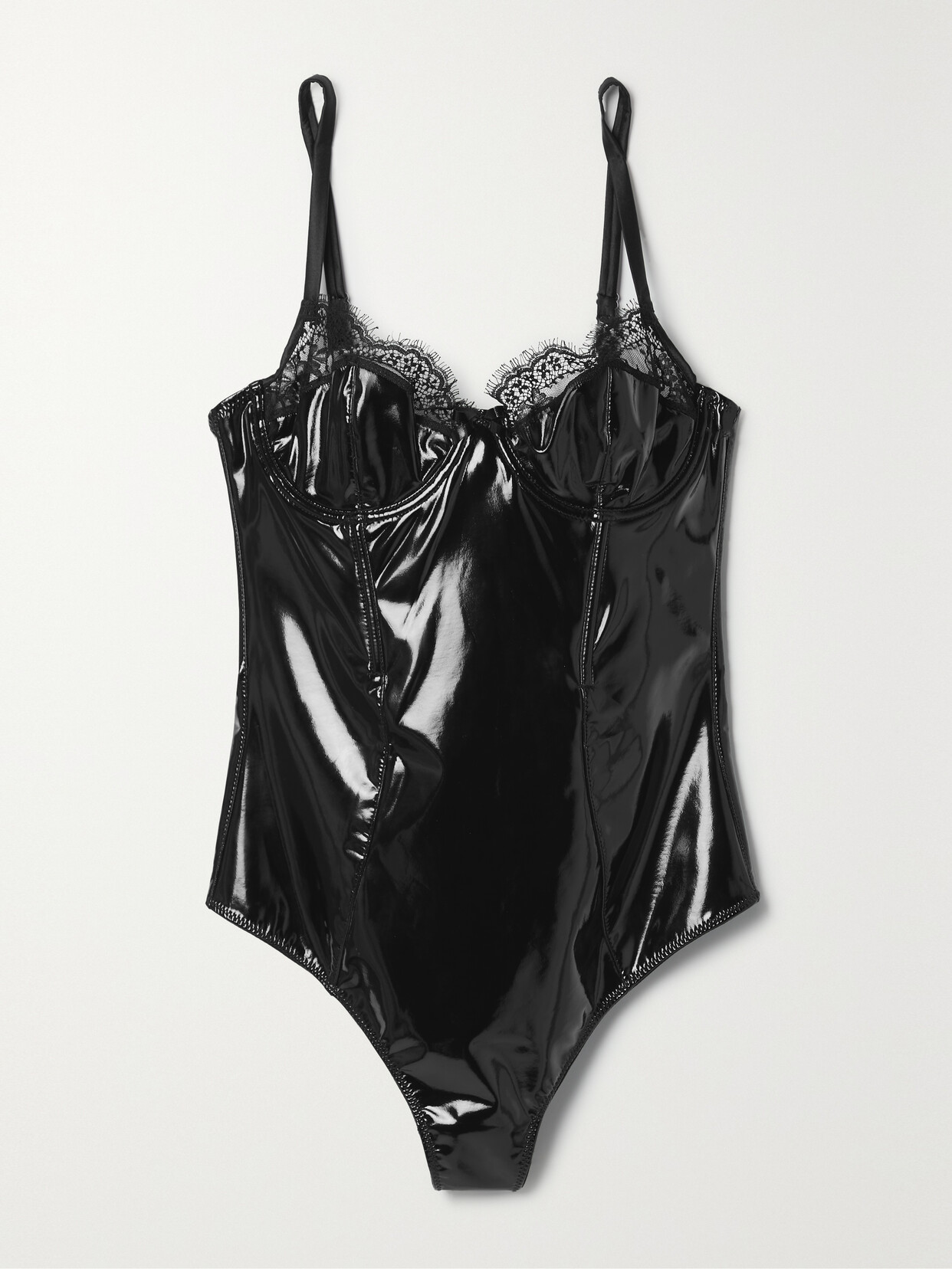 Fleur Du Mal Frankie Lace-trimmed Vinyl Thong Bodysuit In Black | ModeSens