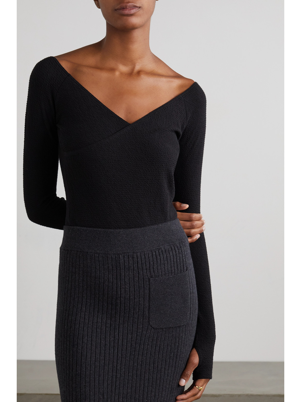 Skin Shania Stretch Cotton And Modal-blend Cloqué Bodysuit In Black ...