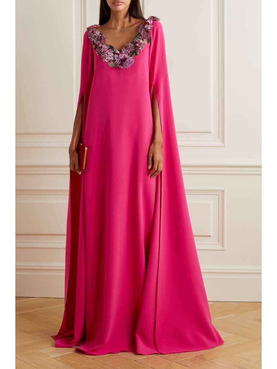 OSCAR DE LA RENTA Cape-effect embellished tulle-trimmed silk-blend crepe gown | NET-A-PORTER
