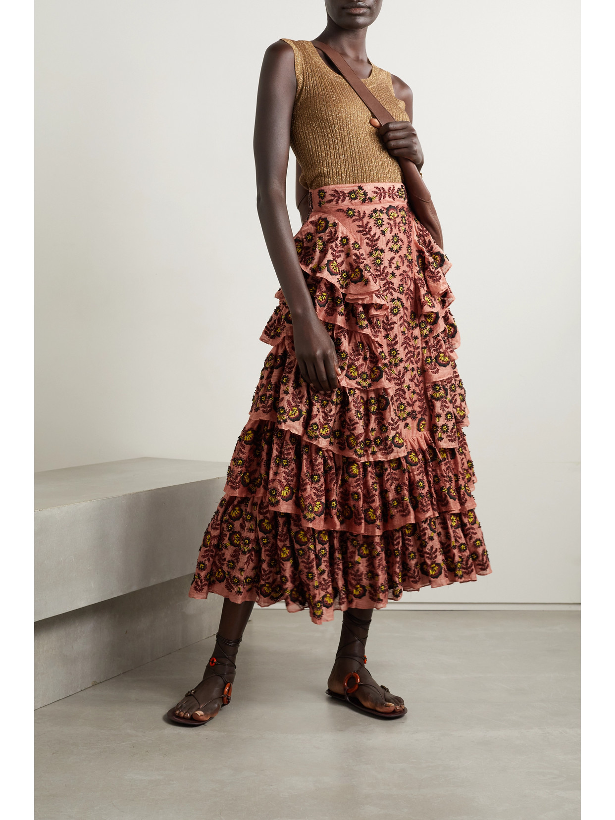 Ulla Johnson Reesha Embellished Tiered Linen And Silk-blend Midi Skirt ...