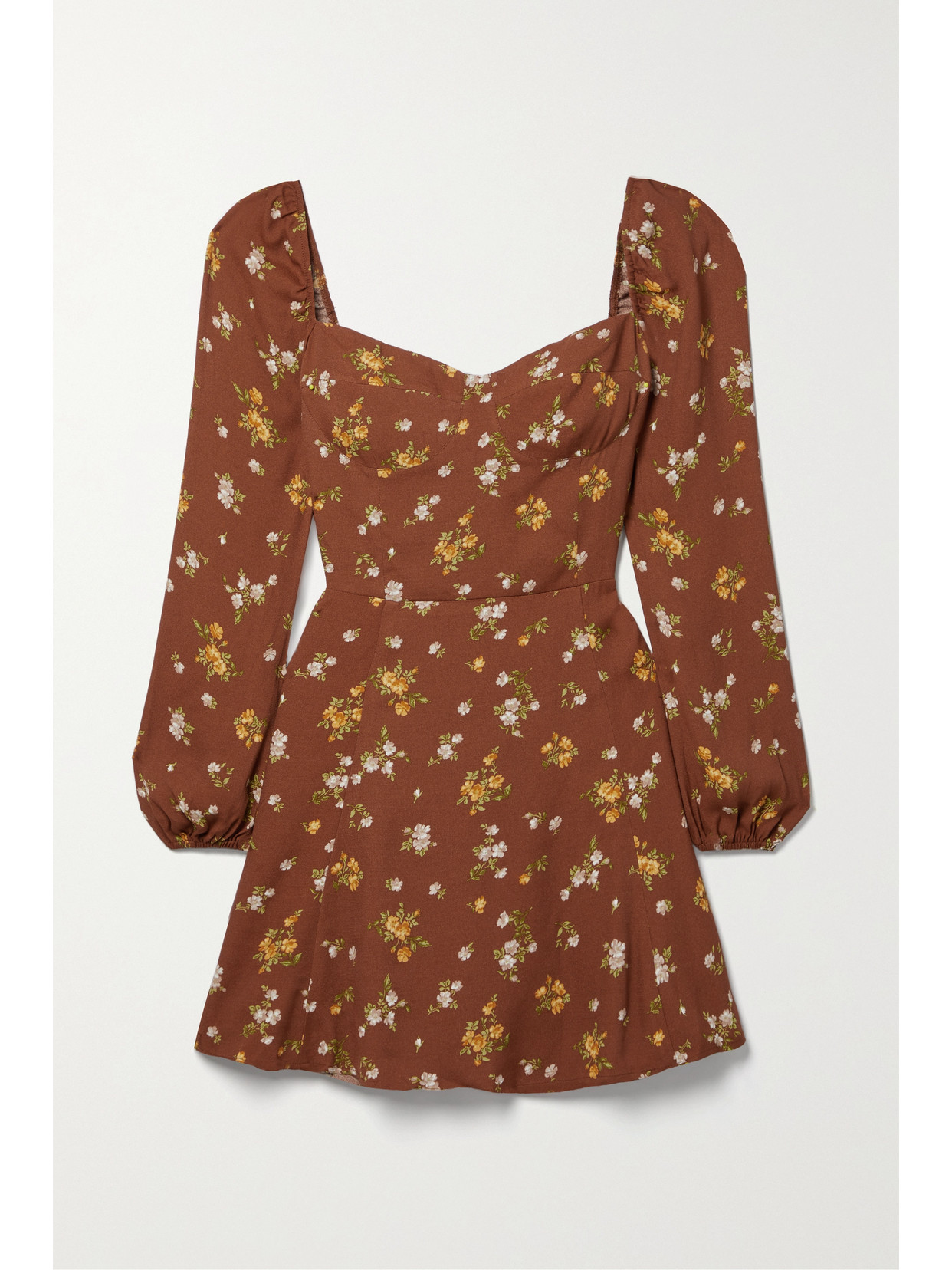 Reformation Mochi Shirred Floral-print Crepe Mini Dress In Brown | ModeSens