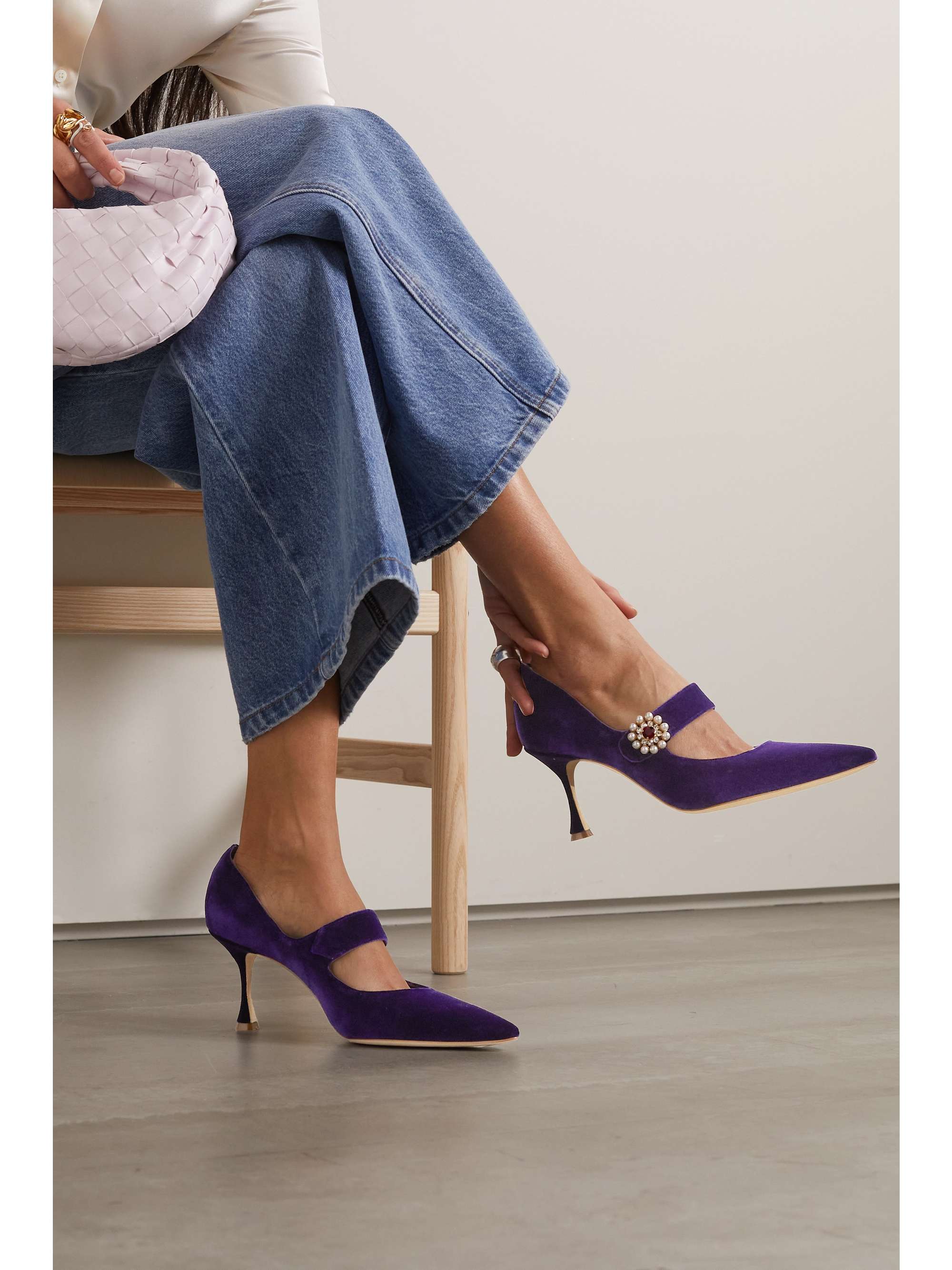 MANOLO BLAHNIK Vabela 70 embellished velvet pumps | NET-A-PORTER