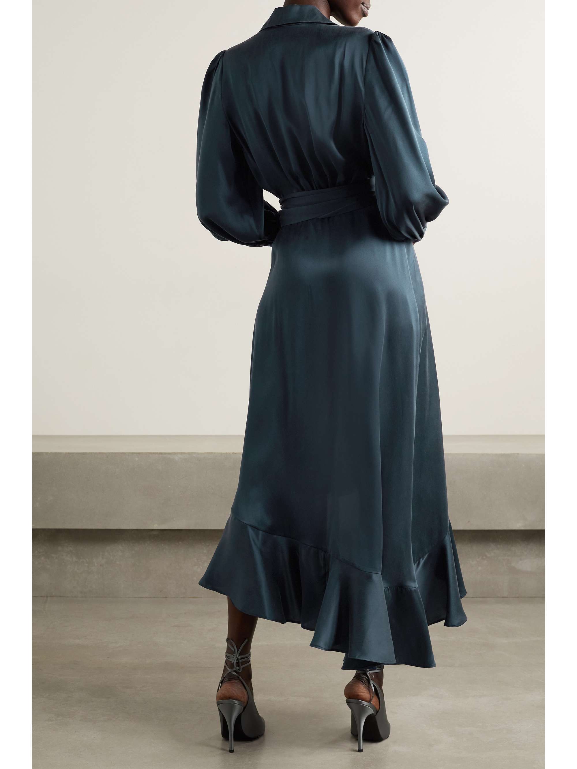 Navy Asymmetric Ruffled Silk Satin Midi Wrap Dress Zimmermann Net A
