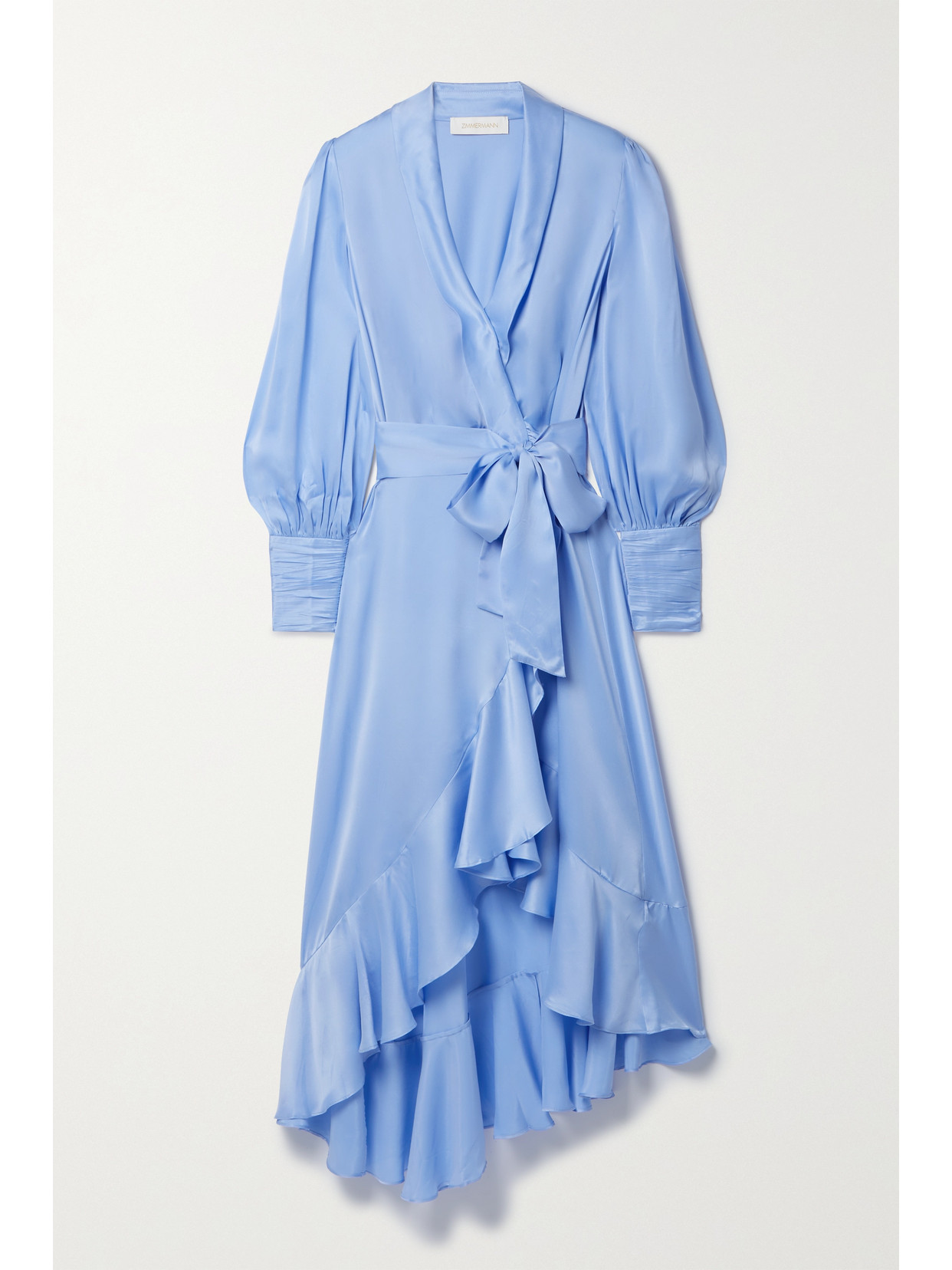 Zimmermann Asymmetric Ruffled Silk Satin Midi Wrap Dress In Blue Med