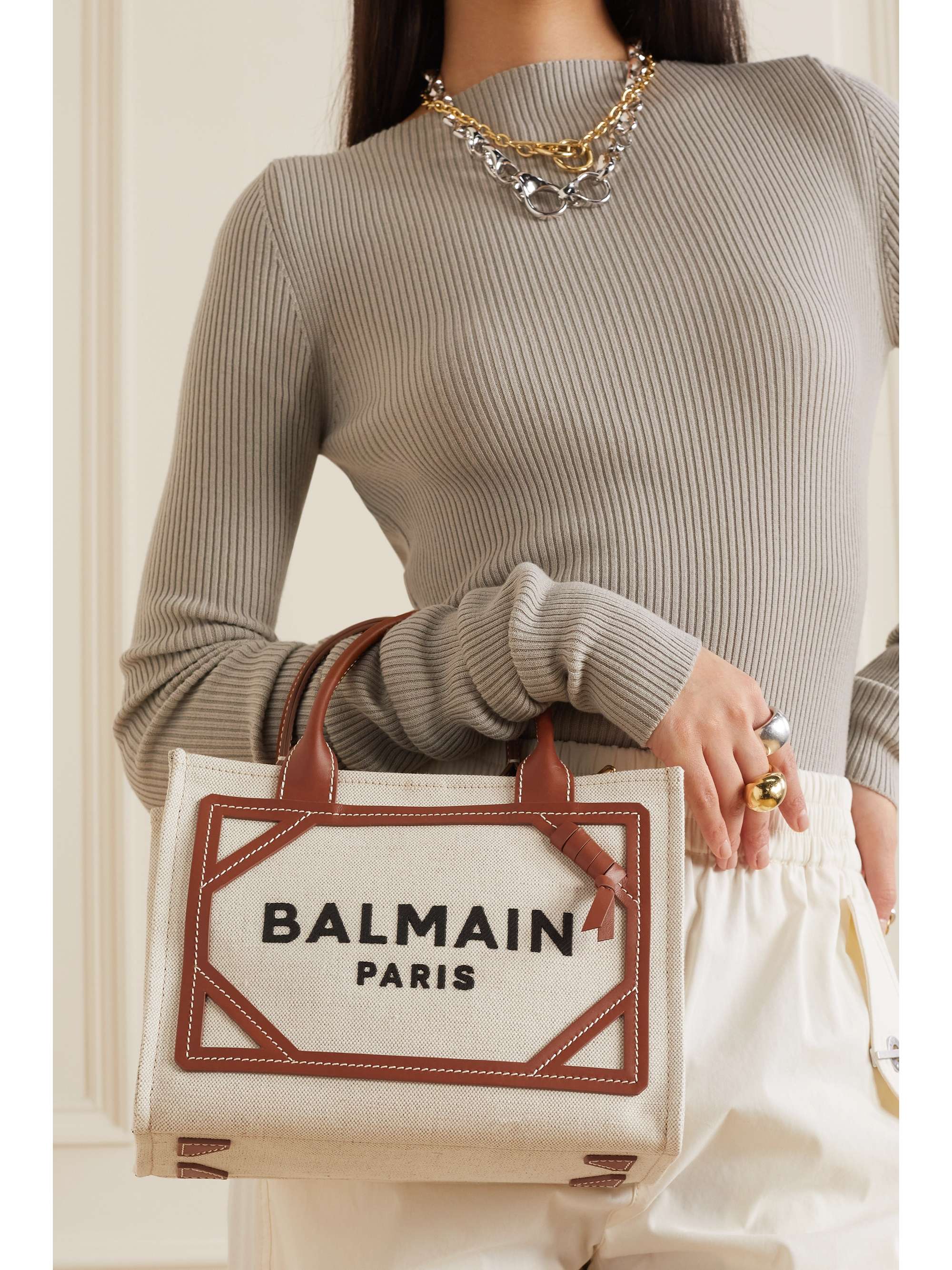 BALMAIN B-Army small leather-trimmed cotton and linen-blend canvas tote ...