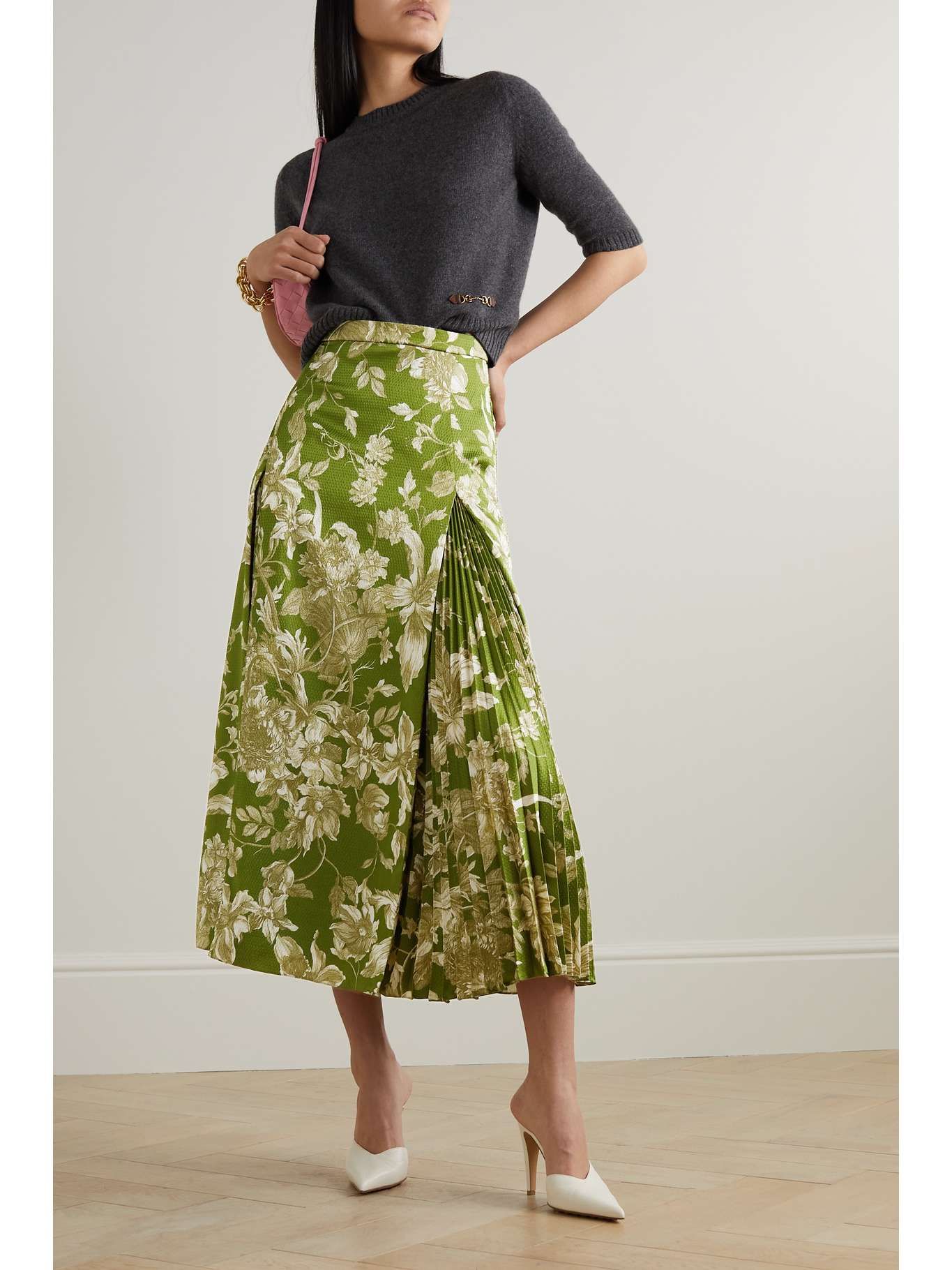 Erdem Flora Pleated Floral Print Hammered Satin Midi Skirt Net A Porter