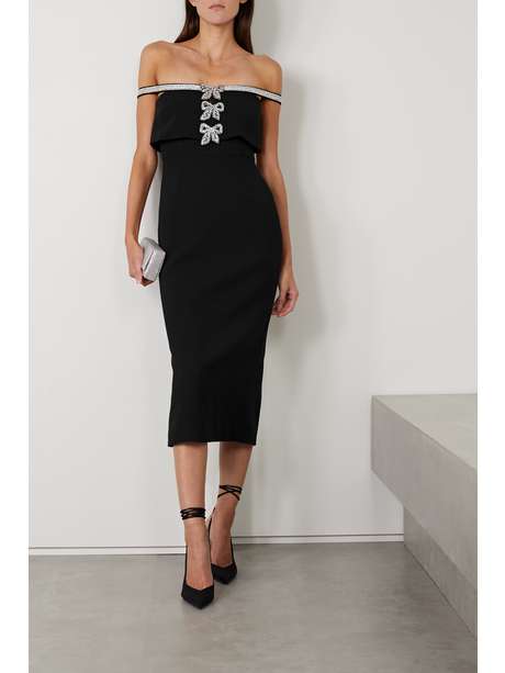 SELF-PORTRAIT Off-the-shoulder embellished crepe midi dress | NET-A-PORTER