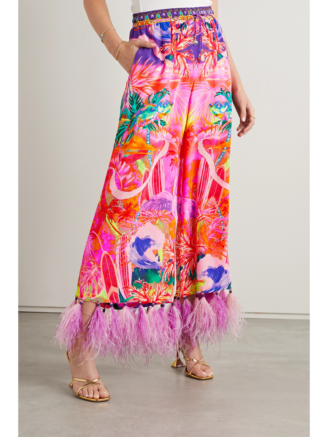 Camilla Cropped Feather-trimmed Embellished Duchesse Silk-satin Wide ...