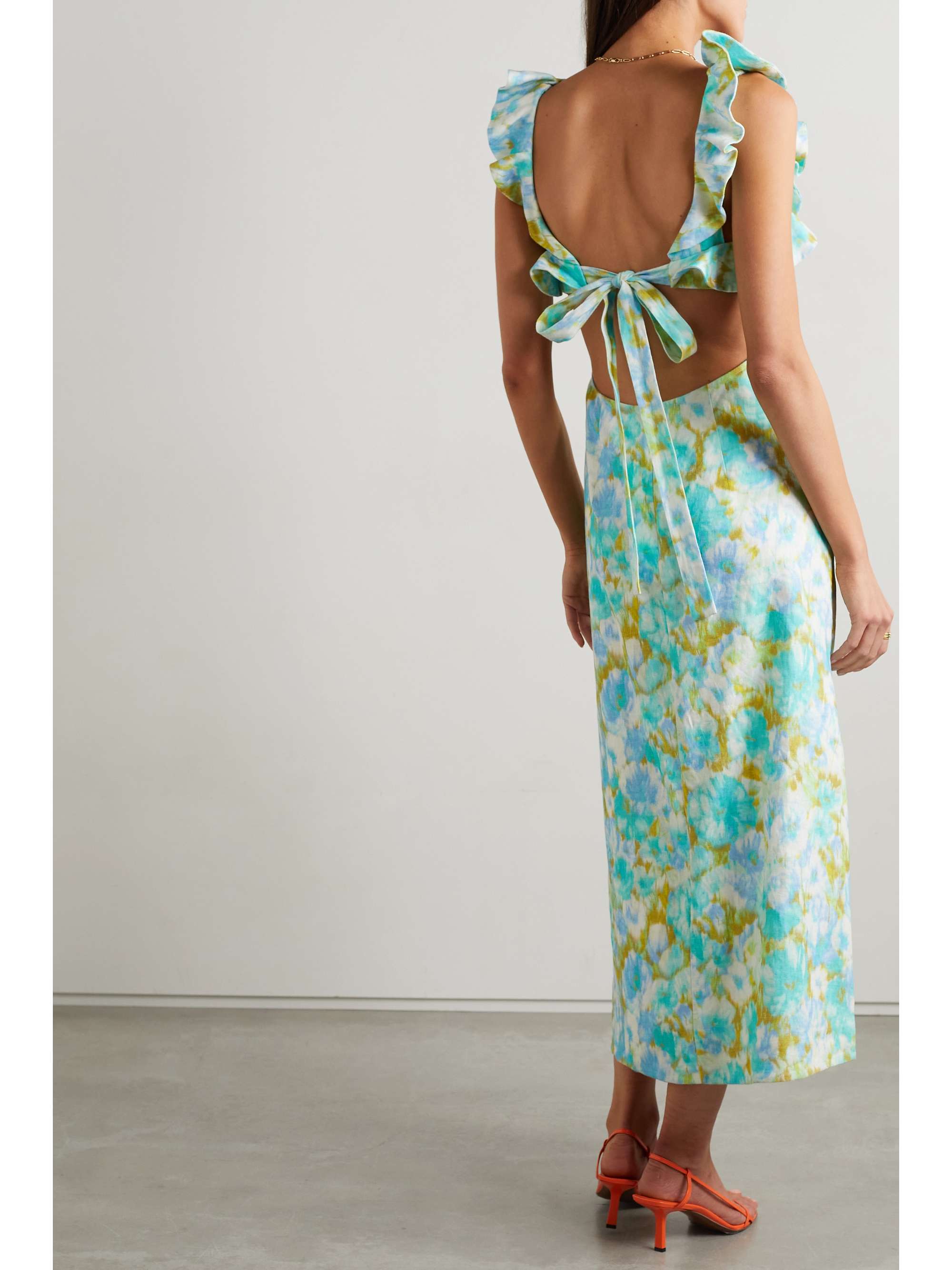 Zimmermann High Tide Open Back Ruffled Floral Print Linen Midi Dress