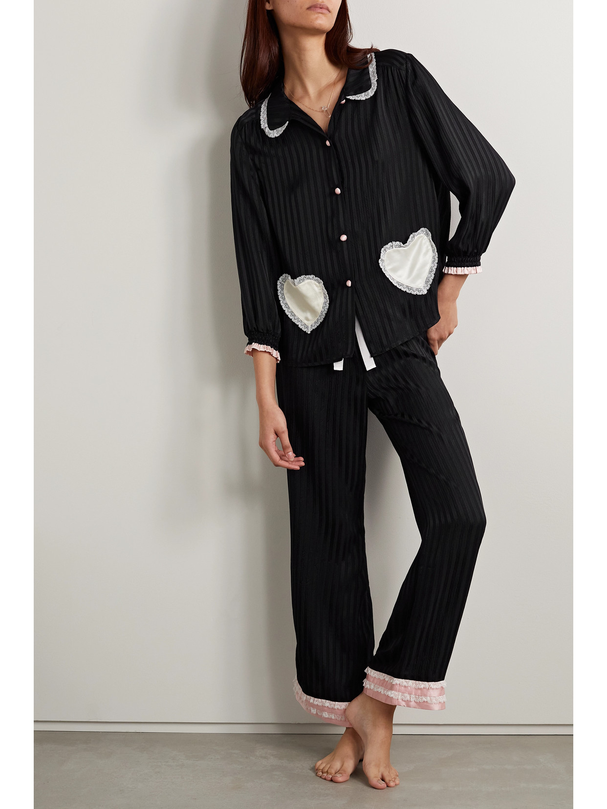 Morgan Lane Penny Faye Satin And Lace-trimmed Silk-seersucker Pajama ...