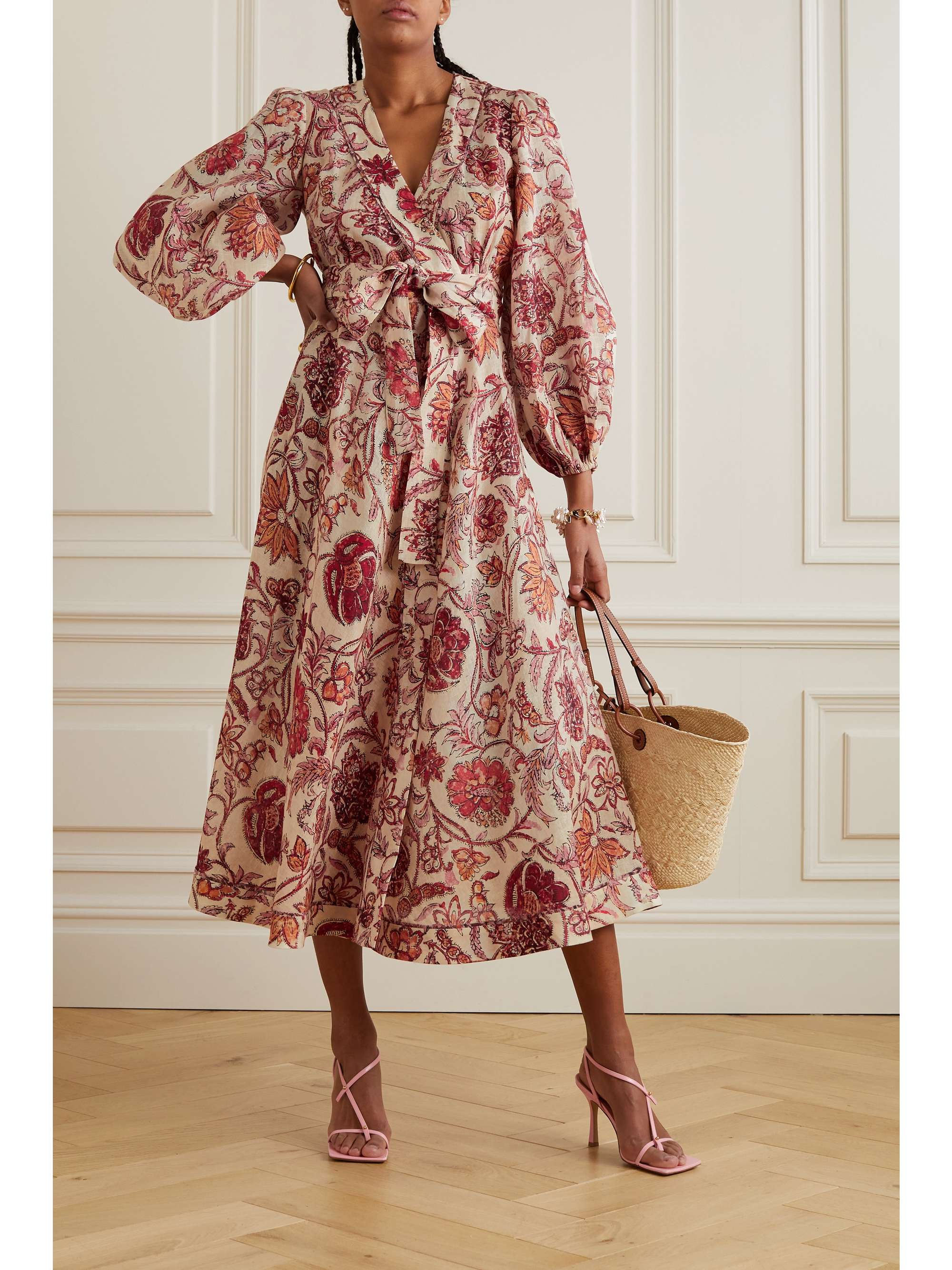 Zimmermann Vitali Floral Print Linen Wrap Midi Dress Harvey Nichols