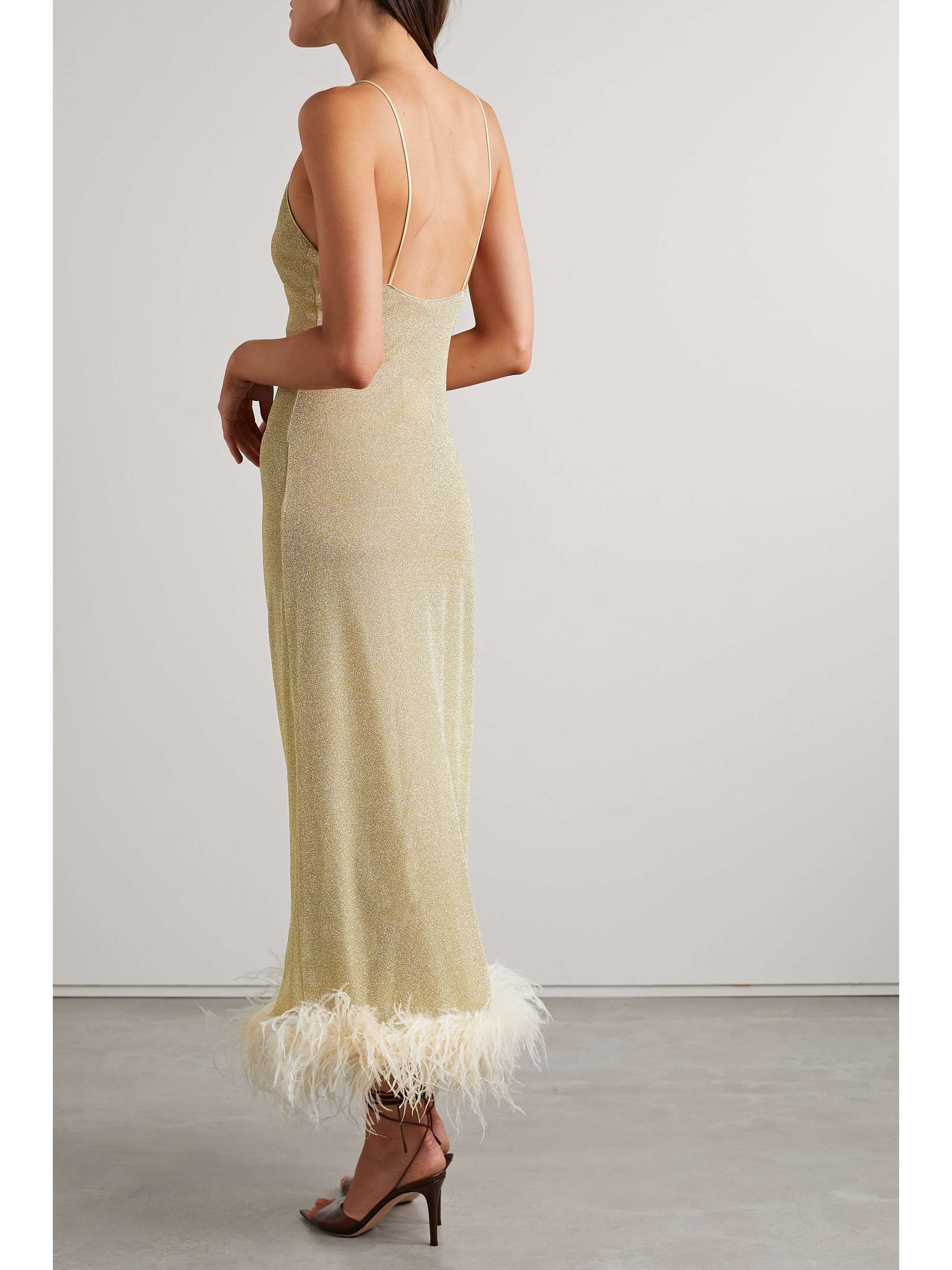 Gold Lumière feather-trimmed metallic stretch-knit maxi dress | OSÉREE ...