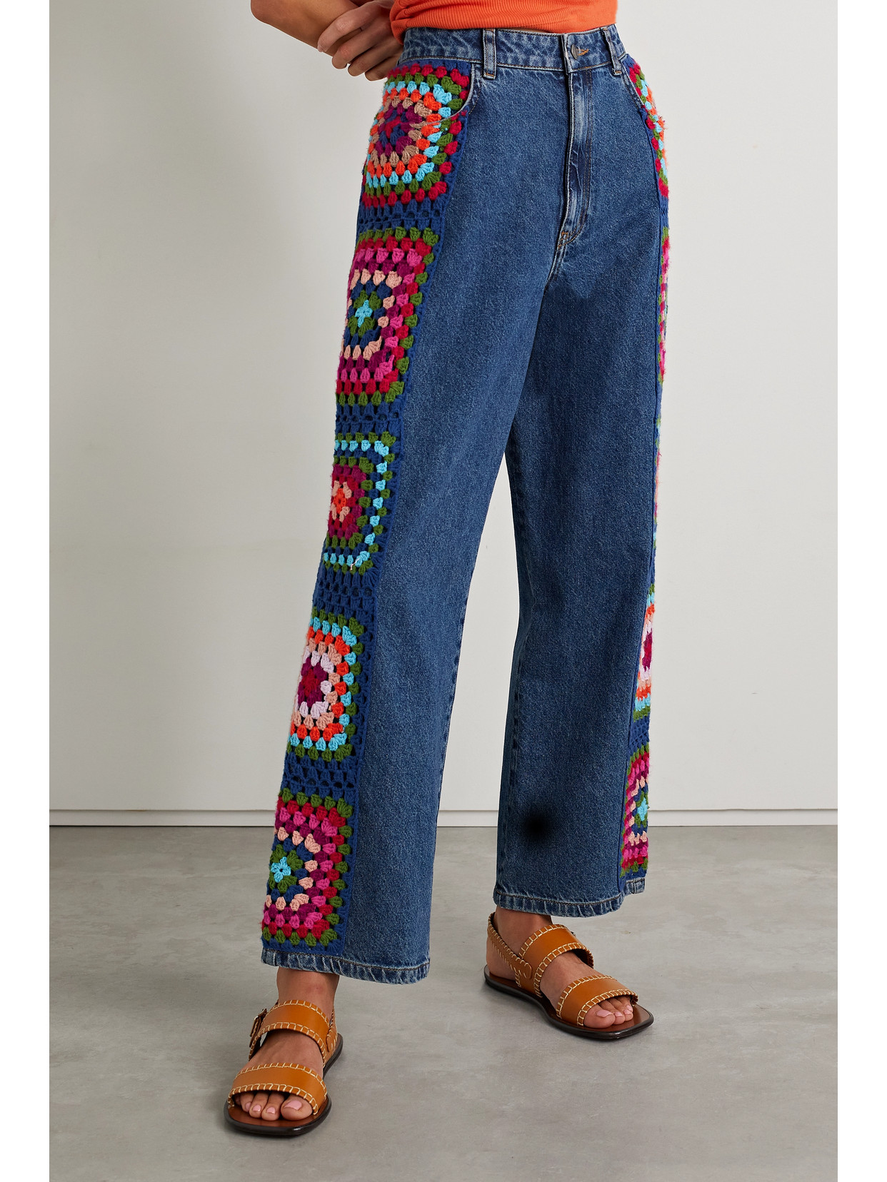 Farm Rio Crochet Squares Denim Pants In Denim Blue | ModeSens