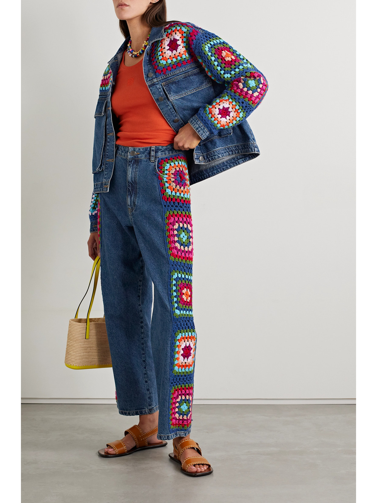 Farm Rio Crochet Squares Denim Pants In Denim Blue | ModeSens