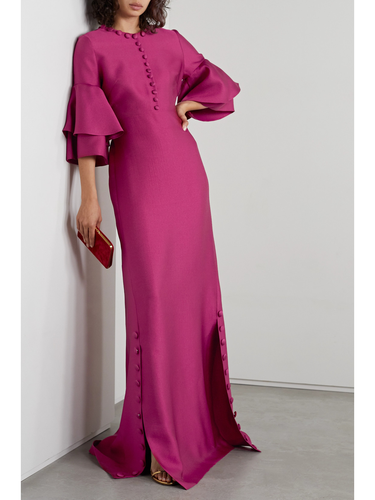 Reem Acra Button-embellished Ruffled Satin-piqué Gown In Purple | ModeSens