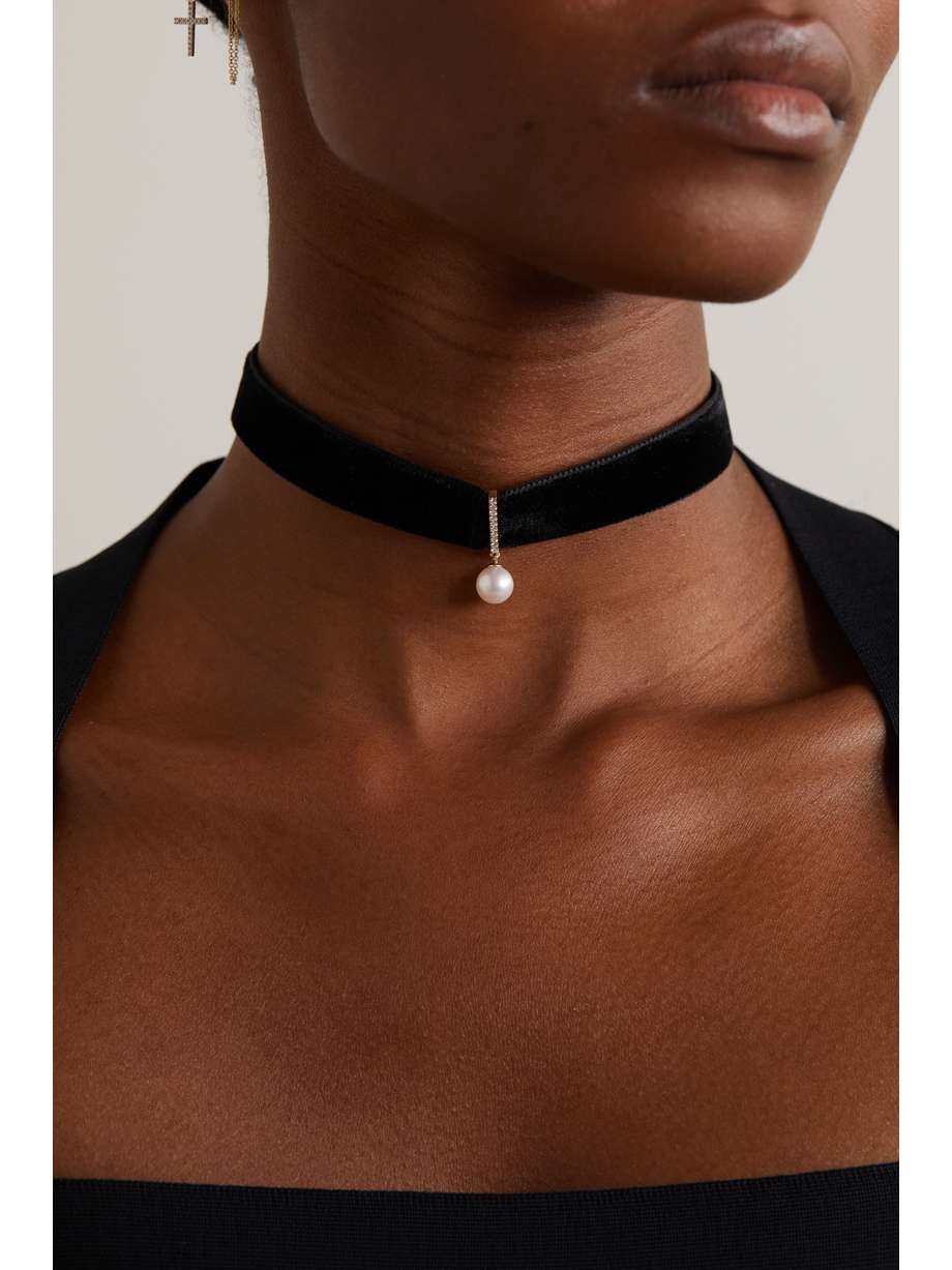MATEO Lady velvet, 14-karat gold, pearl and diamond choker | NET-A-PORTER