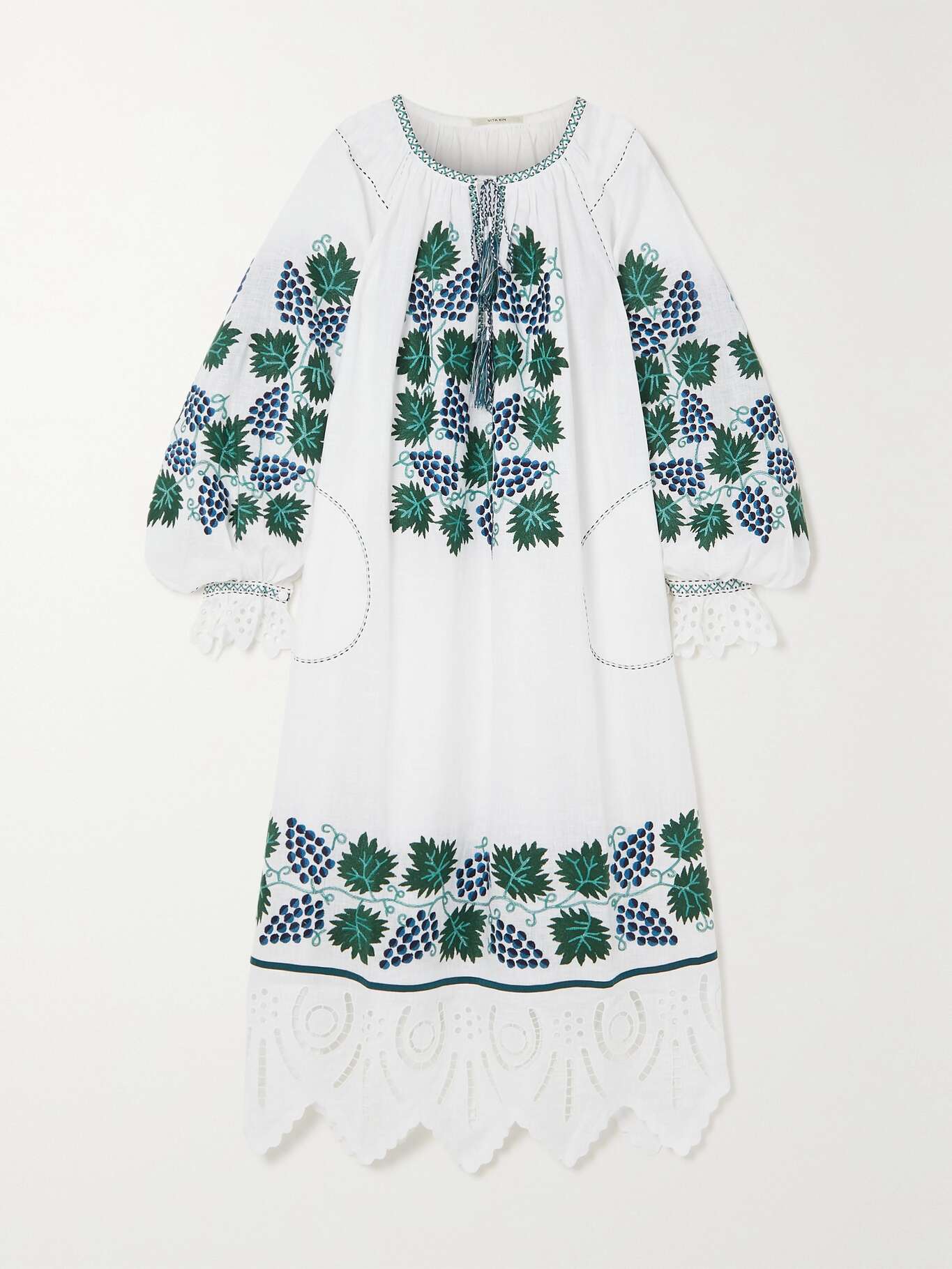 VITA KIN Tavria broderie anglaise-trimmed embroidered linen midi dress ...