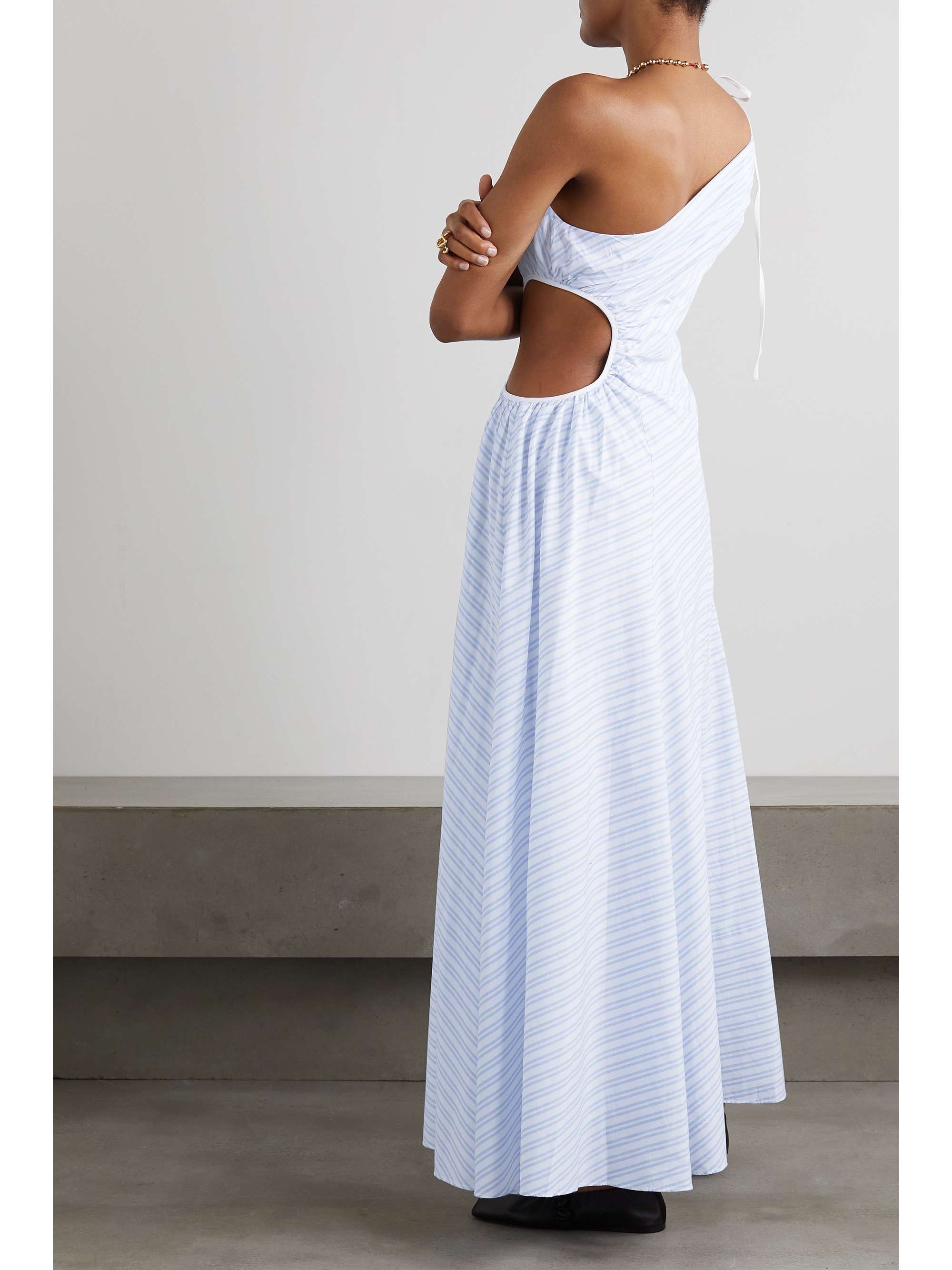 Staud Jayla One Shoulder Cutout Striped Cotton Poplin Maxi Dress Net