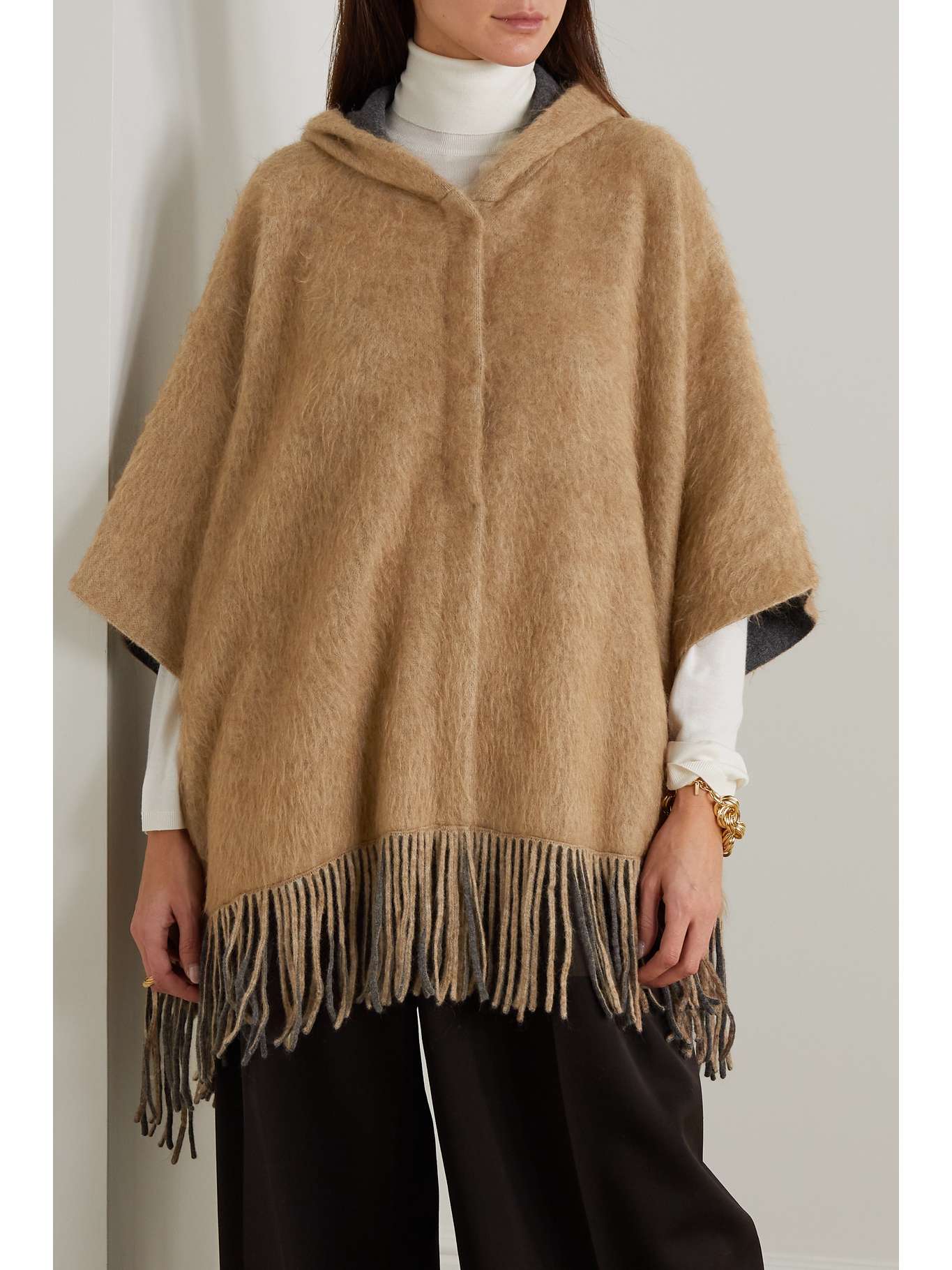 BRUNELLO CUCINELLI Hooded fringed knitted poncho | NET-A-PORTER