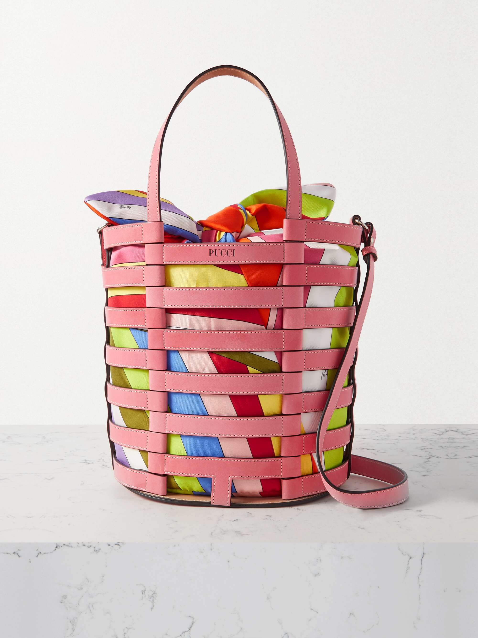 PUCCI Large leather and printed silk-twill bucket bag | NET-A-PORTER