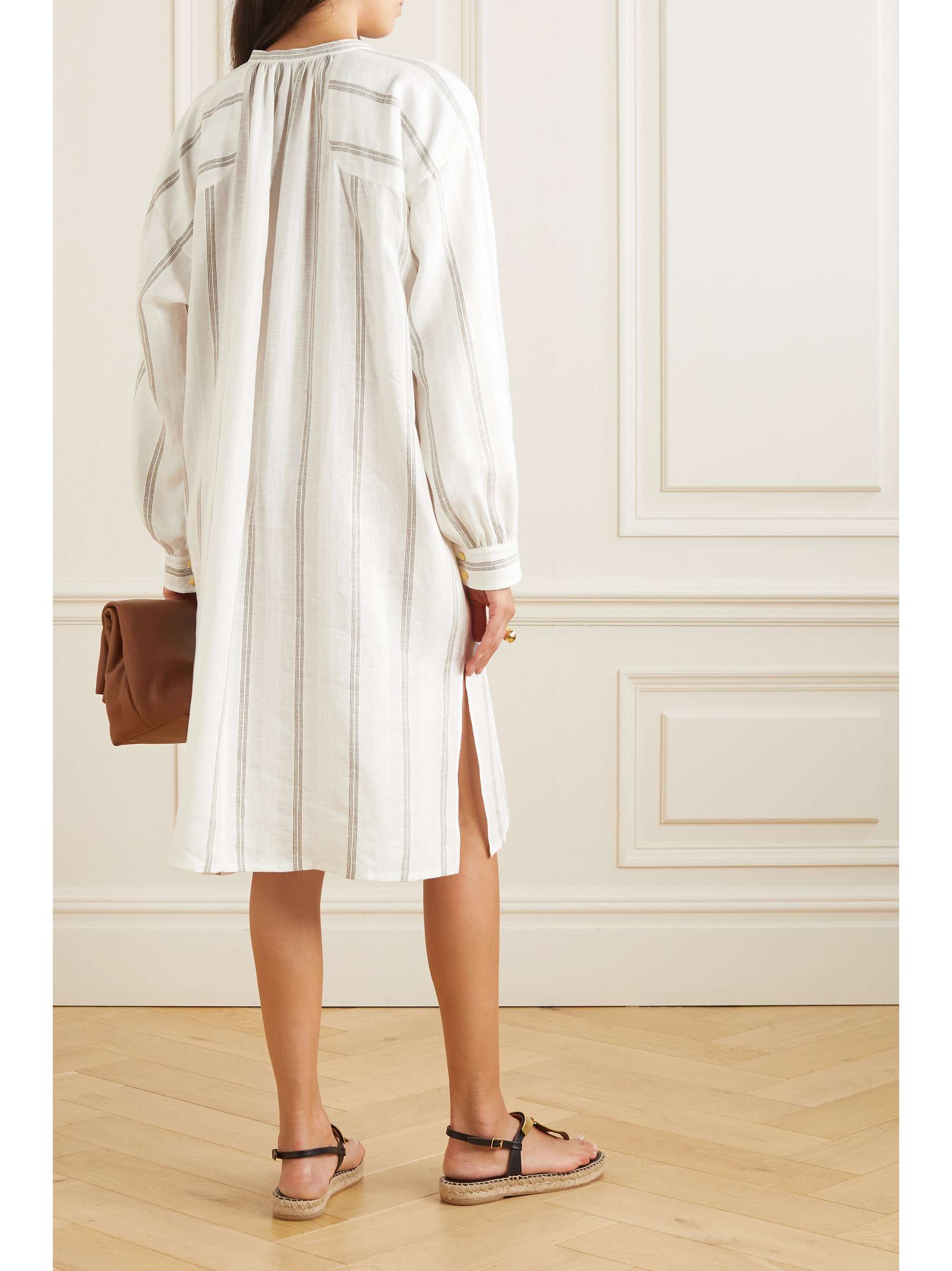 LORO PIANA Pleated striped linen midi dress | NET-A-PORTER
