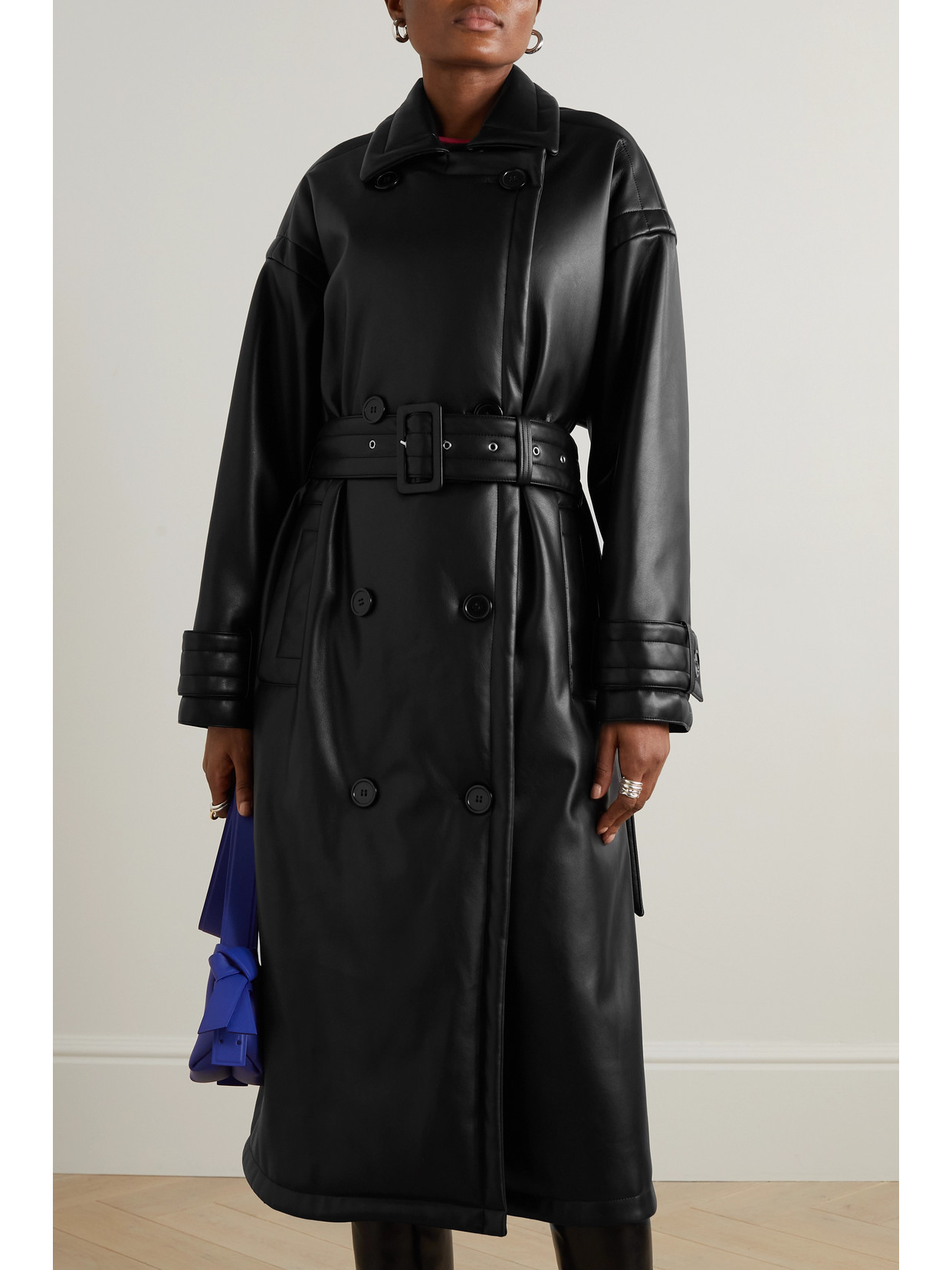 Stand Studio Emily Belted Padded Faux Leather Trench Coat In Black ...