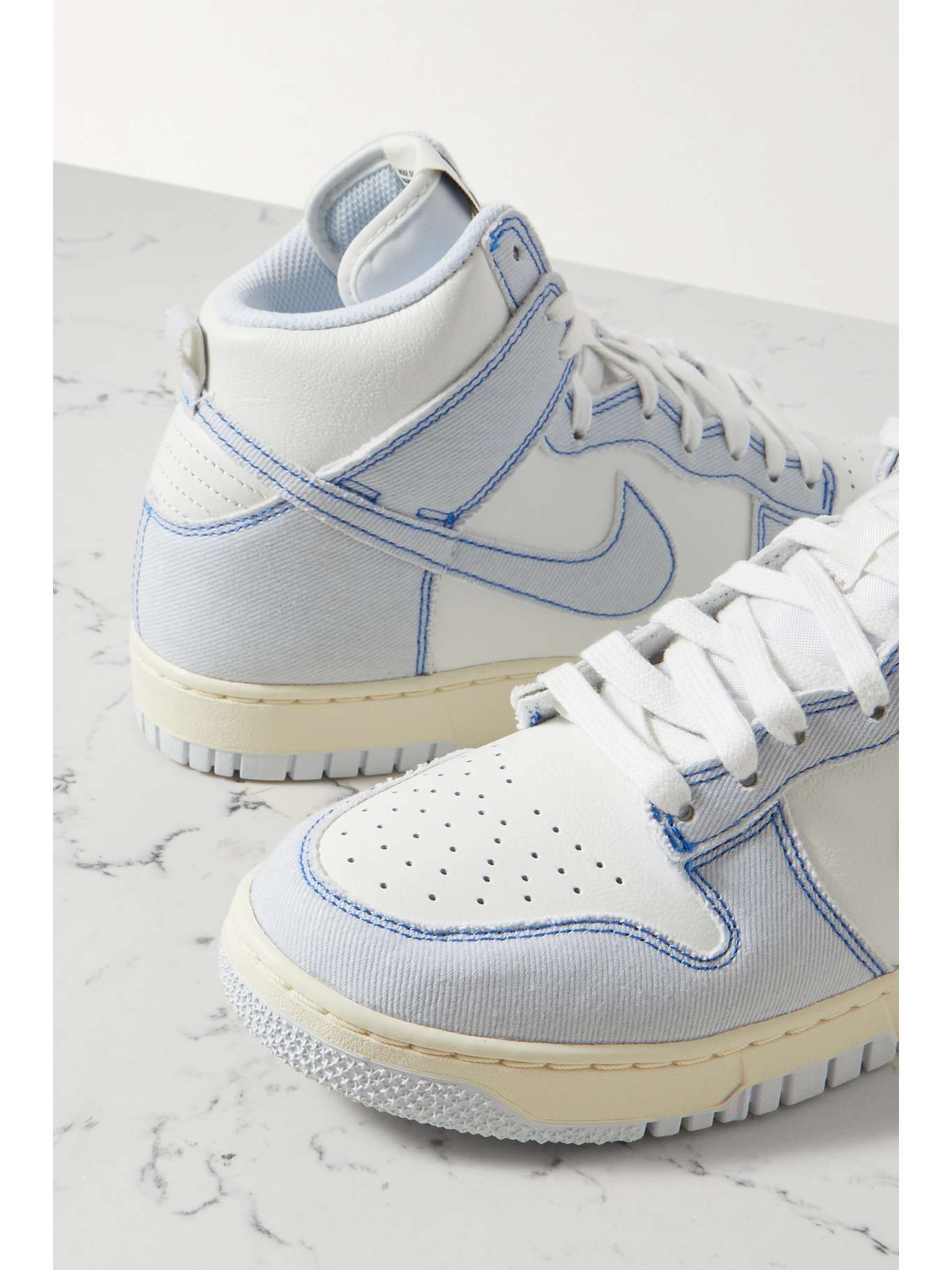 NIKE Dunk 1985 topstitched denim and leather high-top sneakers | NET-A-PORTER