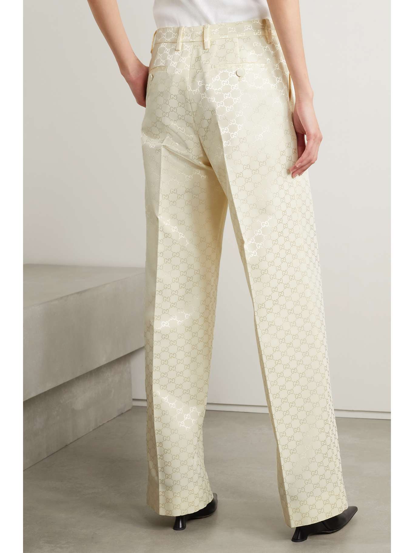 Cream Pleated Cotton Blend Jacquard Straight Leg Pants Gucci Net A