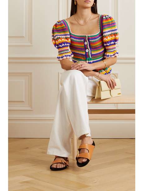 FARM RIO Striped crocheted cotton-blend top | NET-A-PORTER