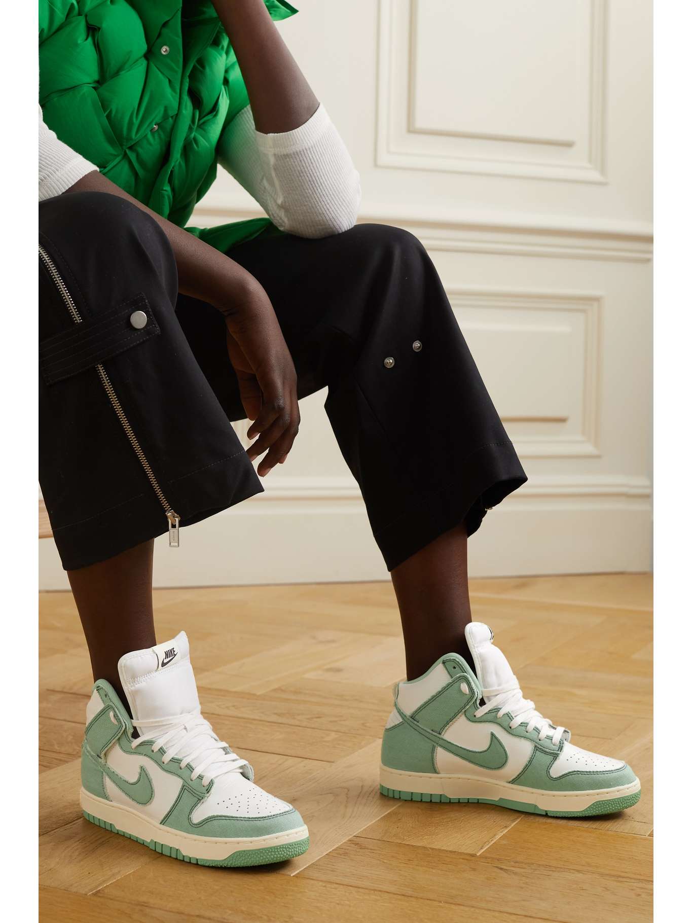 NIKE Dunk 1985 topstitched denim and leather high-top sneakers | NET-A-PORTER