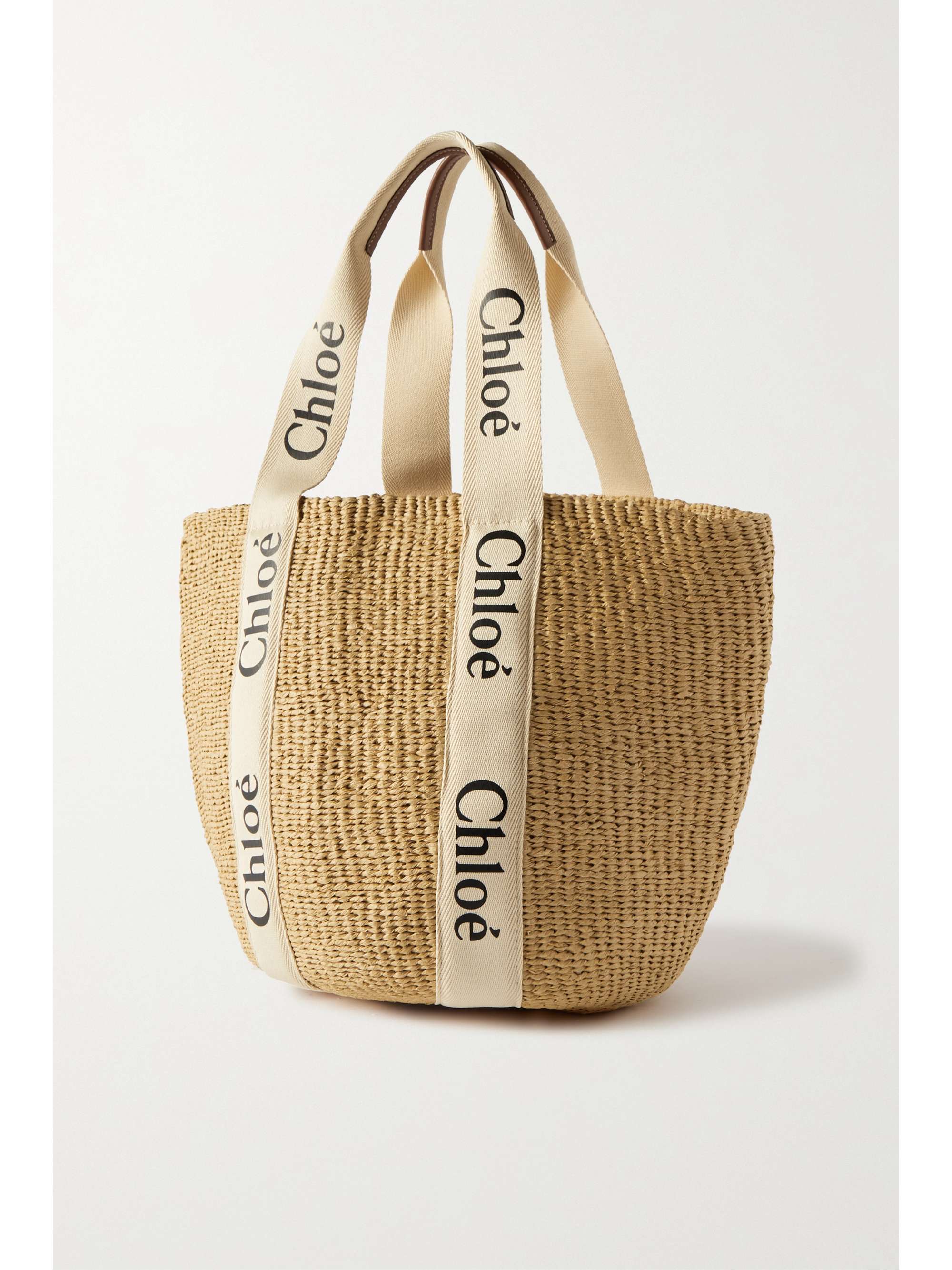 CHLOÉ Woody large printed leather-trimmed canvas and raffia tote | NET ...