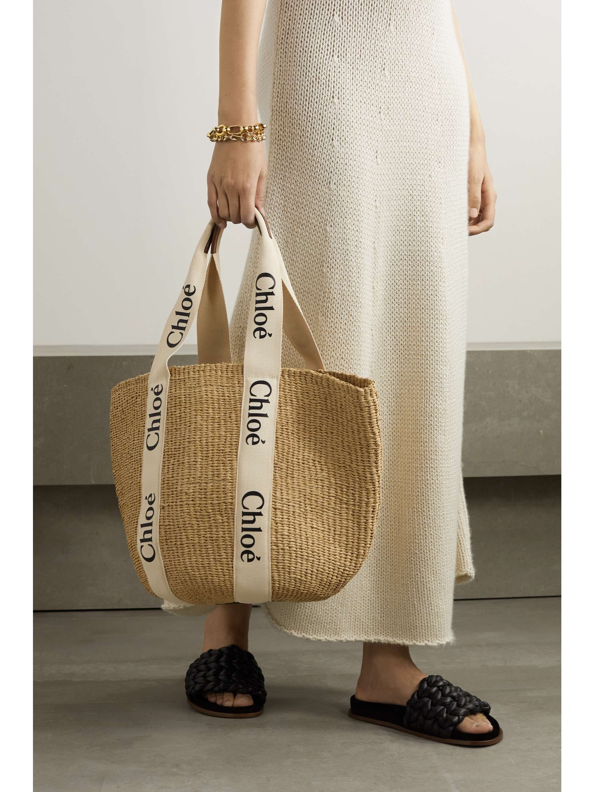CHLOÉ Woody large printed leather-trimmed canvas and raffia tote | NET ...