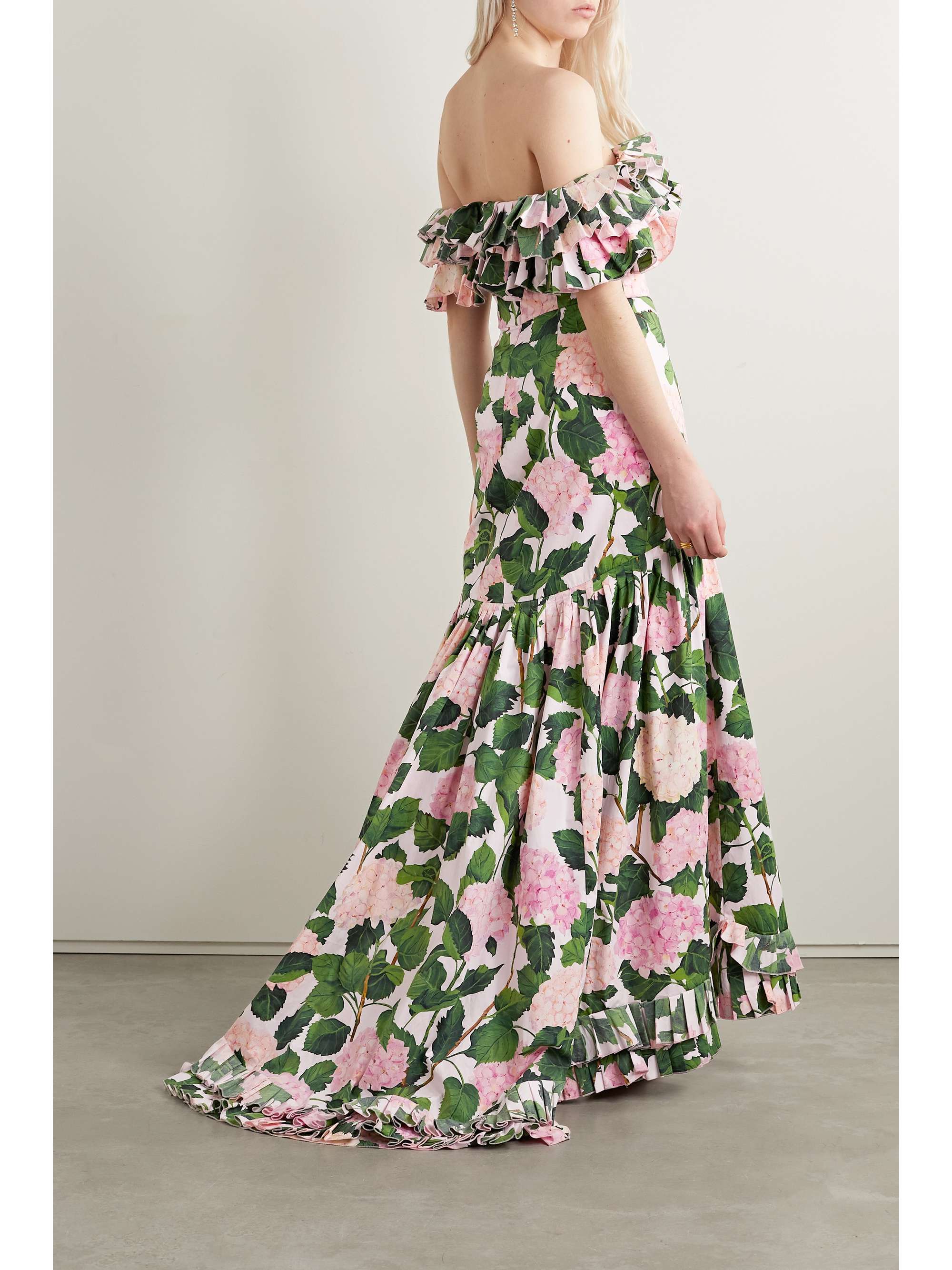 Oscar De La Renta Off The Shoulder Ruffled Floral Print Cotton Blend