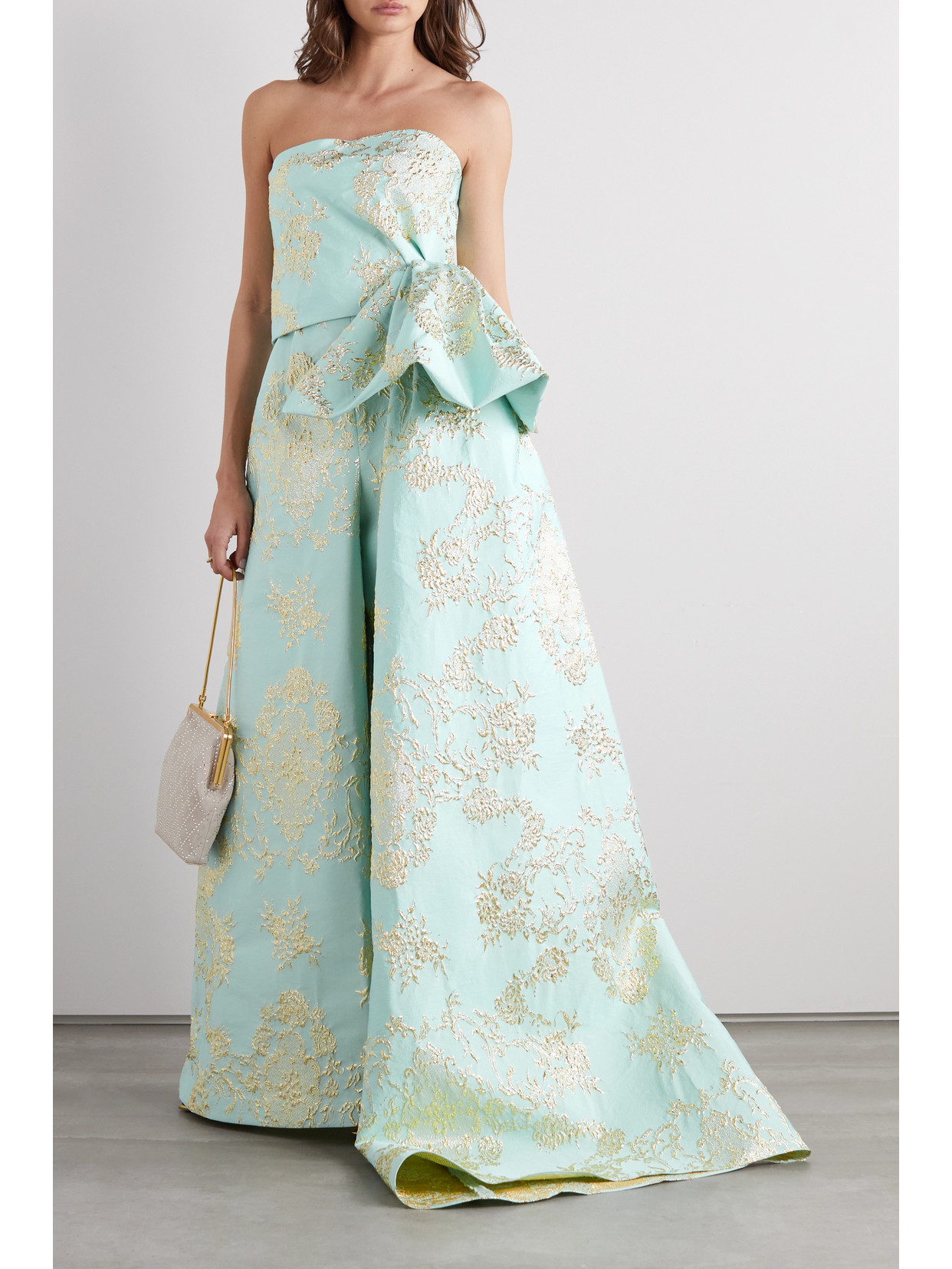 Reem Acra Draped Strapless Bow-detailed Metallic Brocade Top In Blue ...