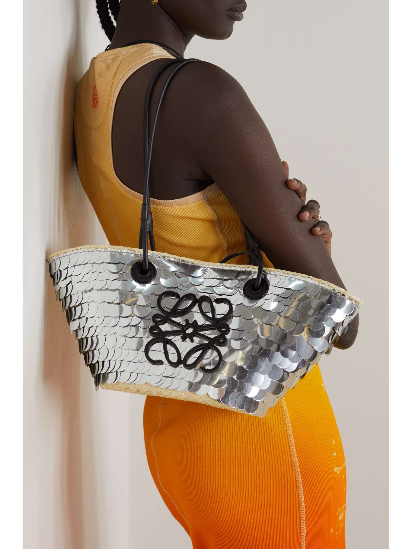 LOEWE + Paula's Ibiza small leather-trimmed paillette-embellished ...