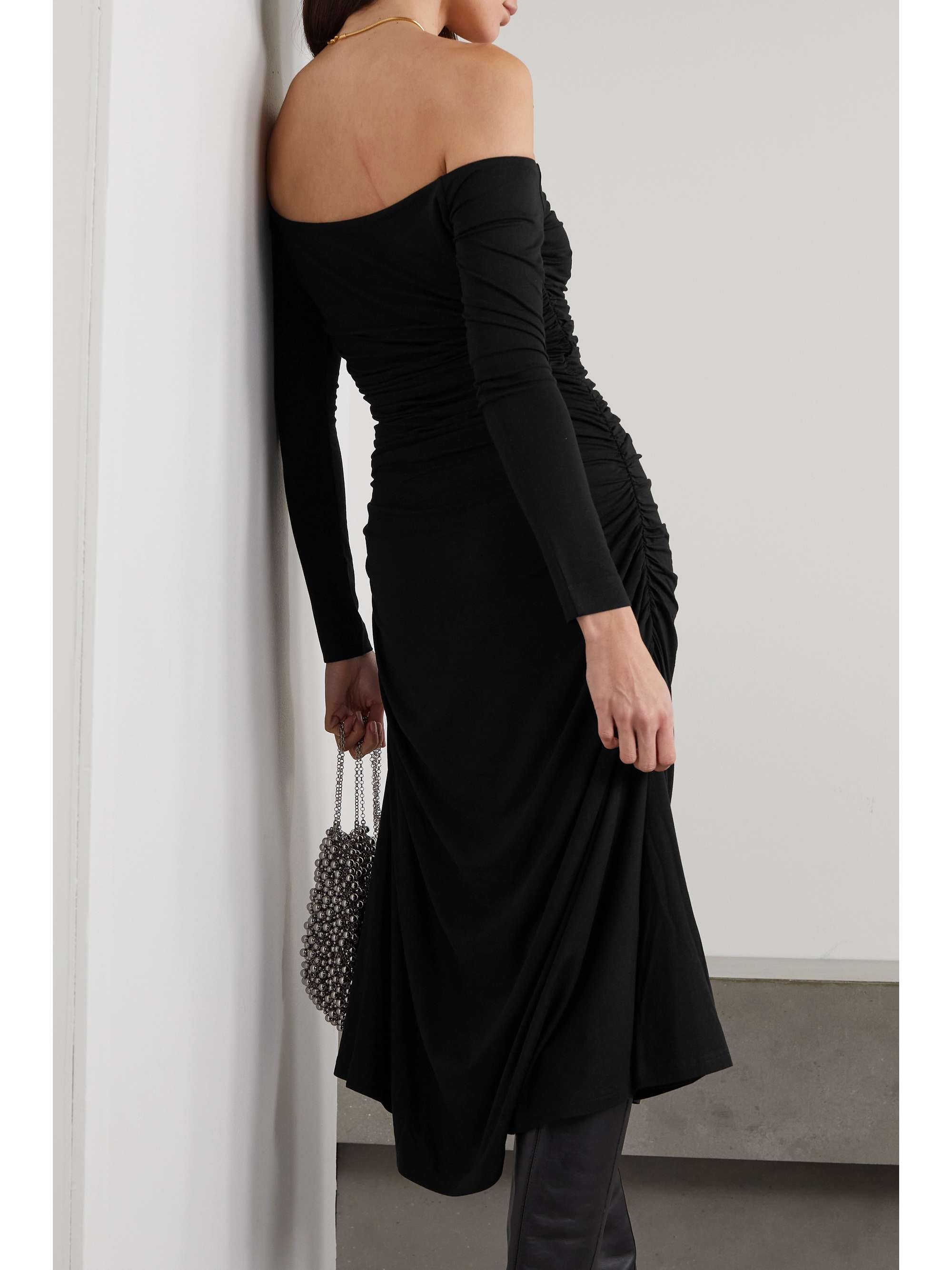 Black Osha off-the-shoulder ruched stretch-TENCEL Lyocell midi dress ...